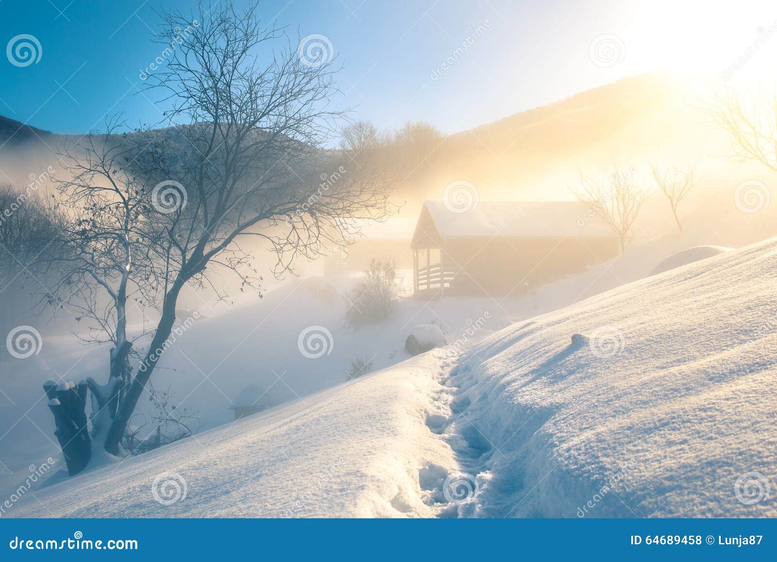 Log cabins in the morning stock photo. Image of frozen - 64689458