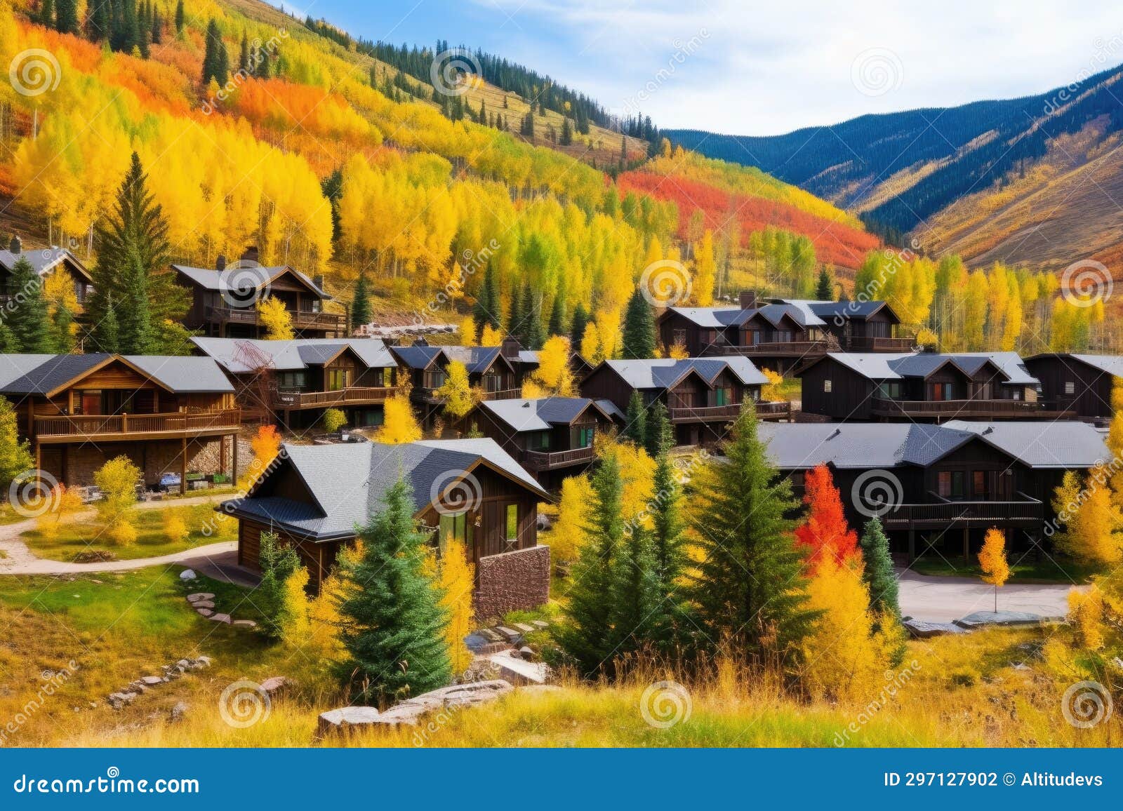 Log Cabins in Mountain Village during Autumn Stock Photo - Image of ...
