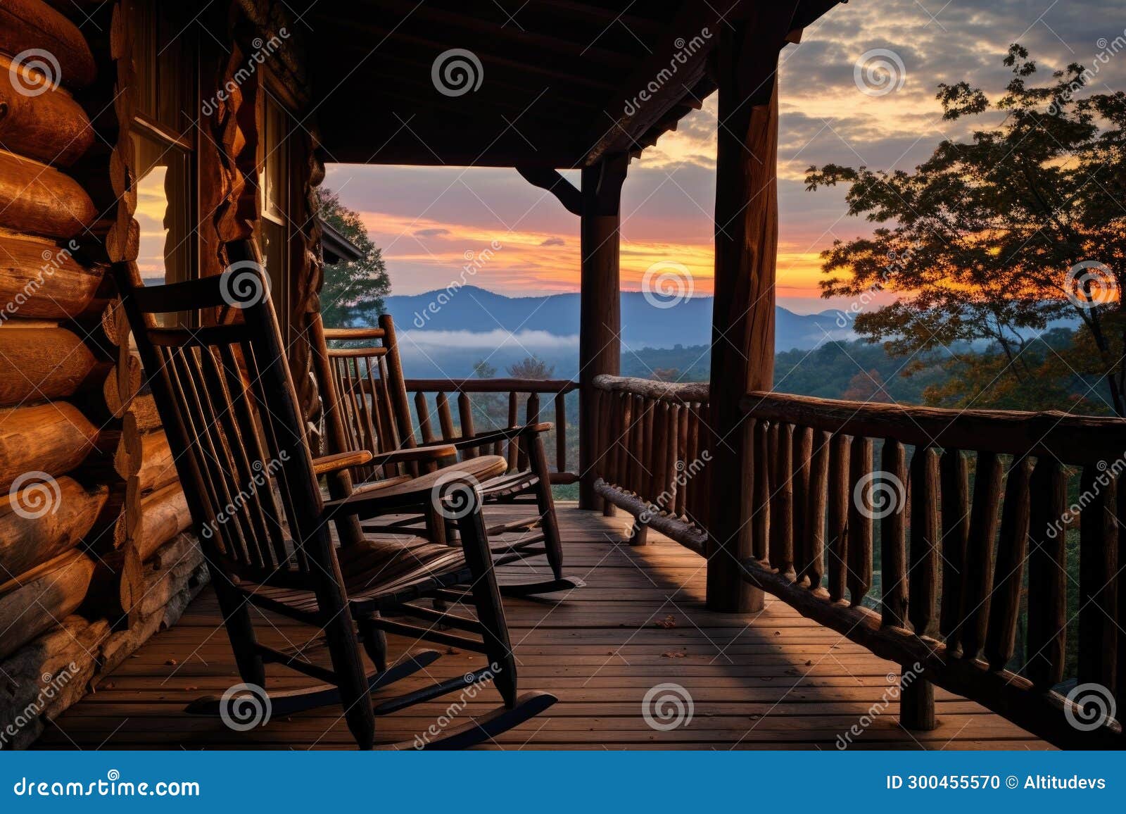 Log Cabins Porch View with Rocking Chairs and a Lantern Stock Photo ...