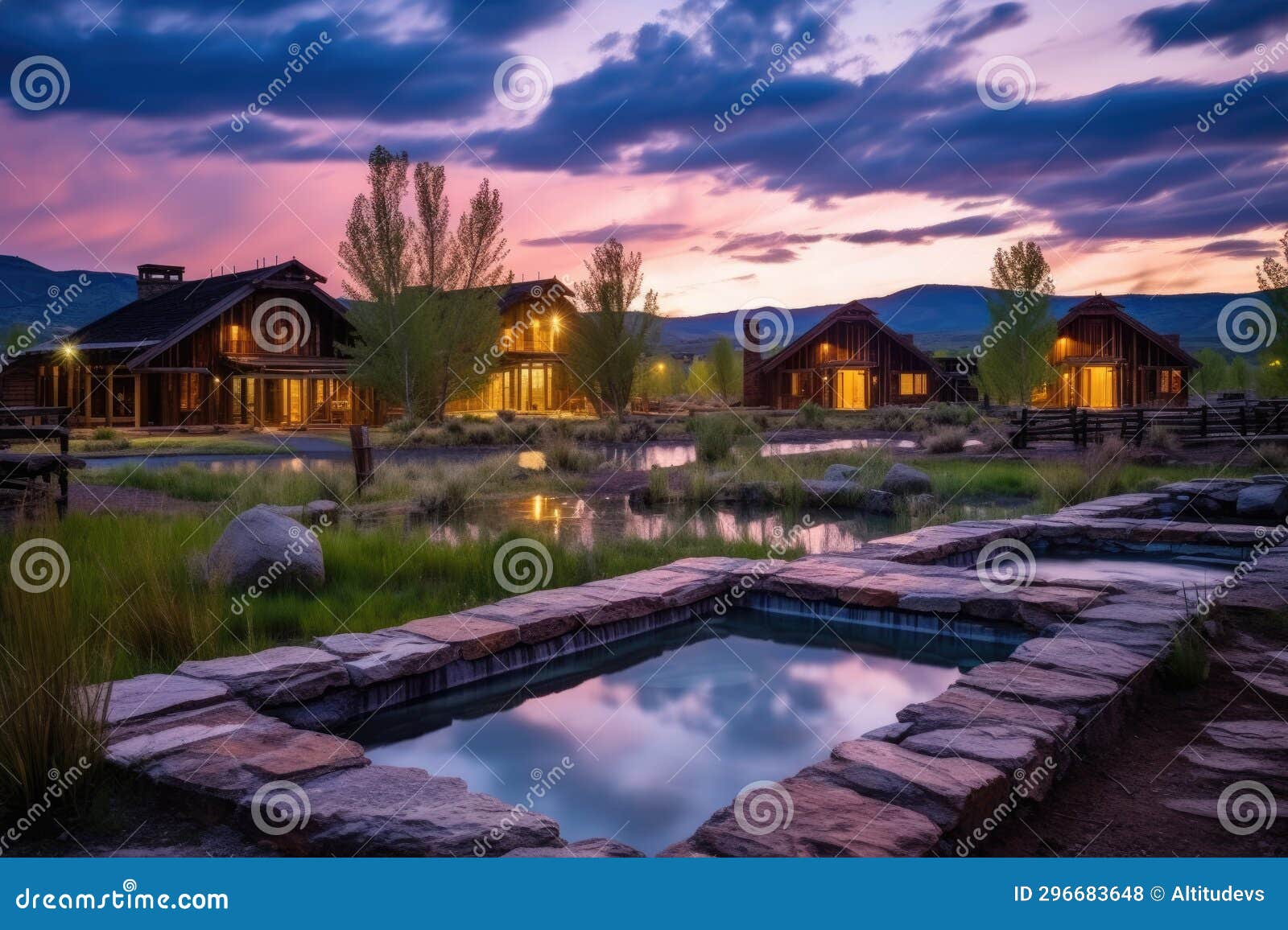 Log Cabins with Private Hot Spring Pools at Dusk Stock Illustration ...