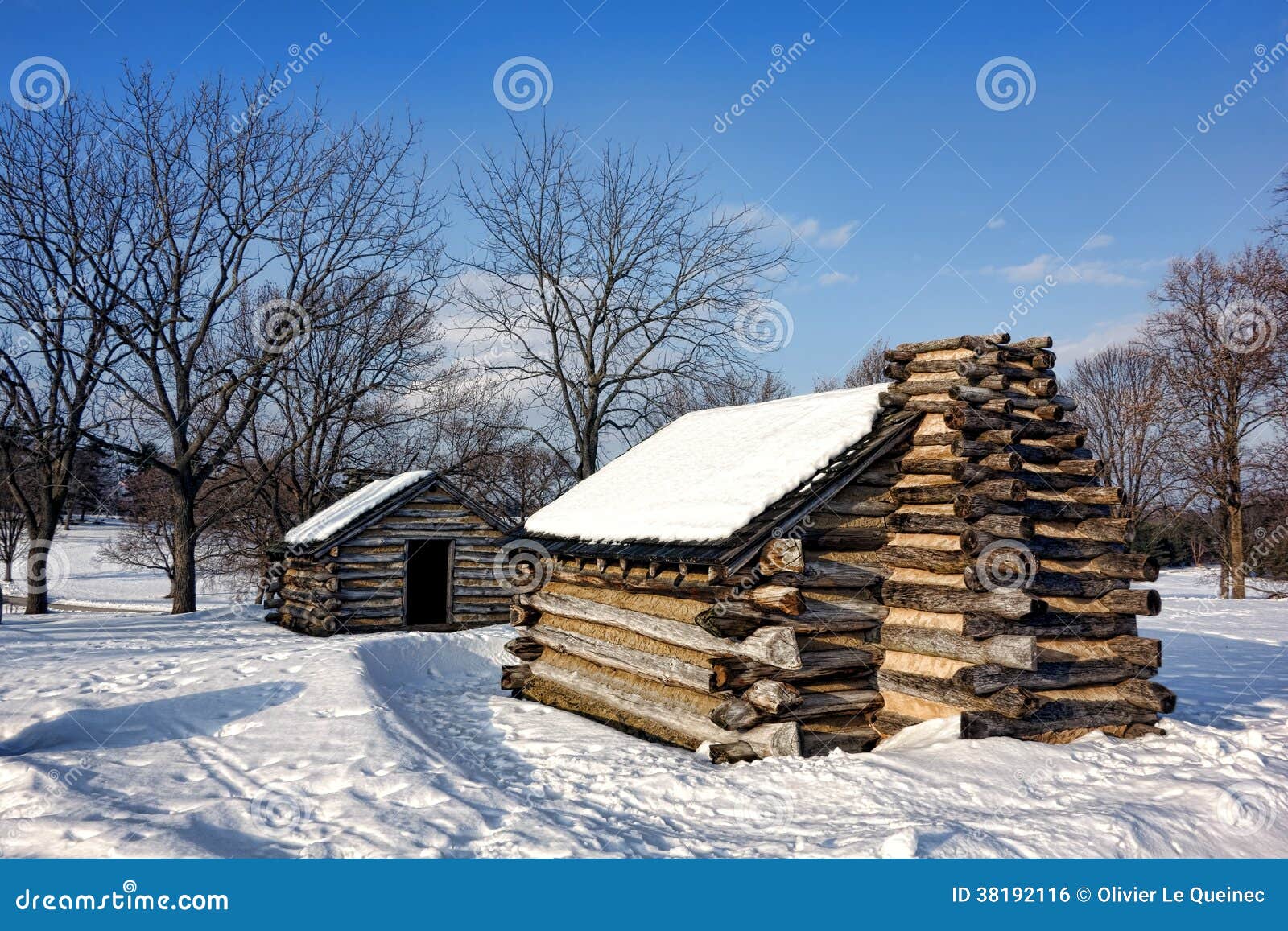 Log Cabins in Snow at Valley Forge National Park Stock Photo - Image of ...