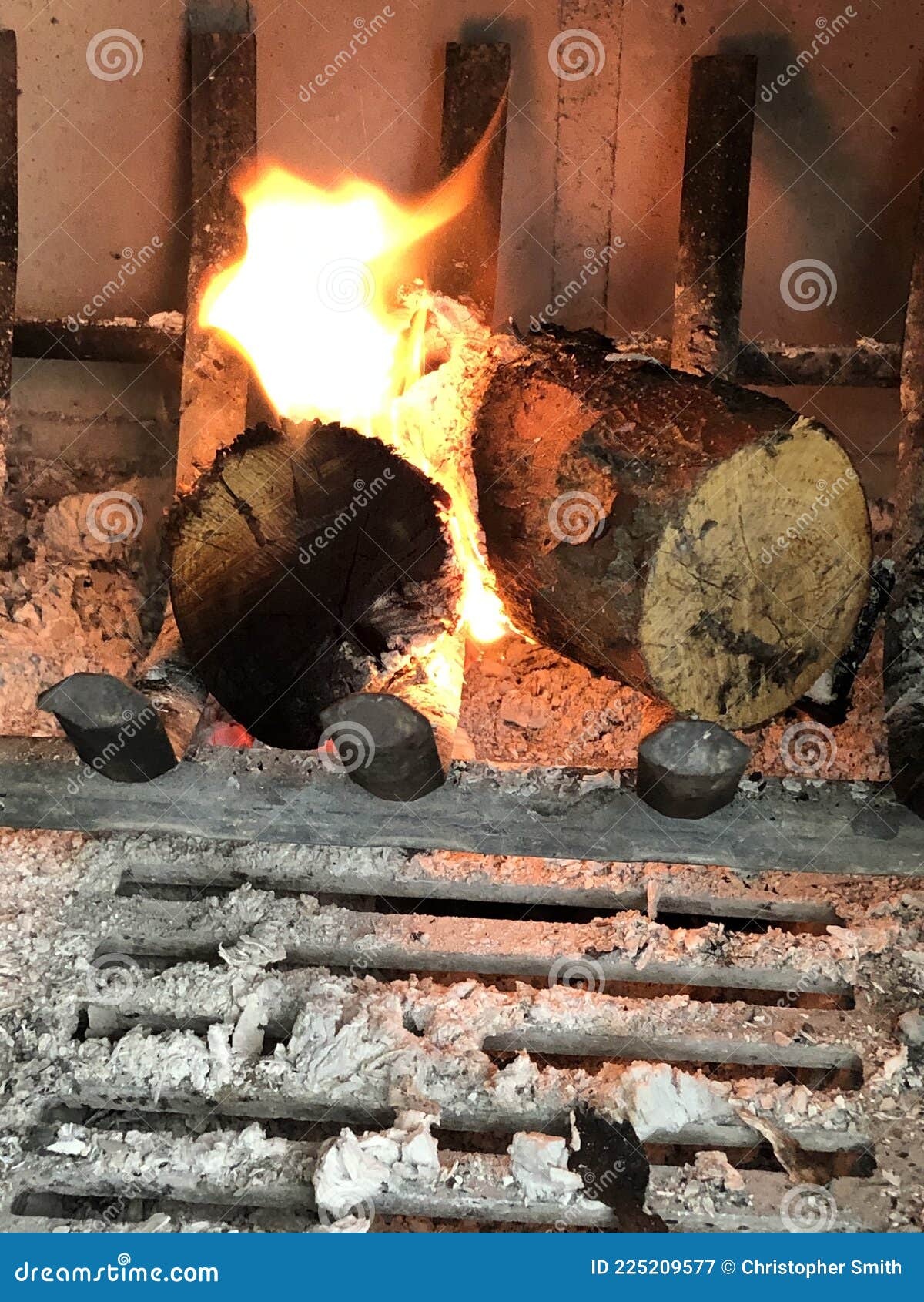 Log Fire by Ash in a Home Fireplace Stock Image - Image of flame ...