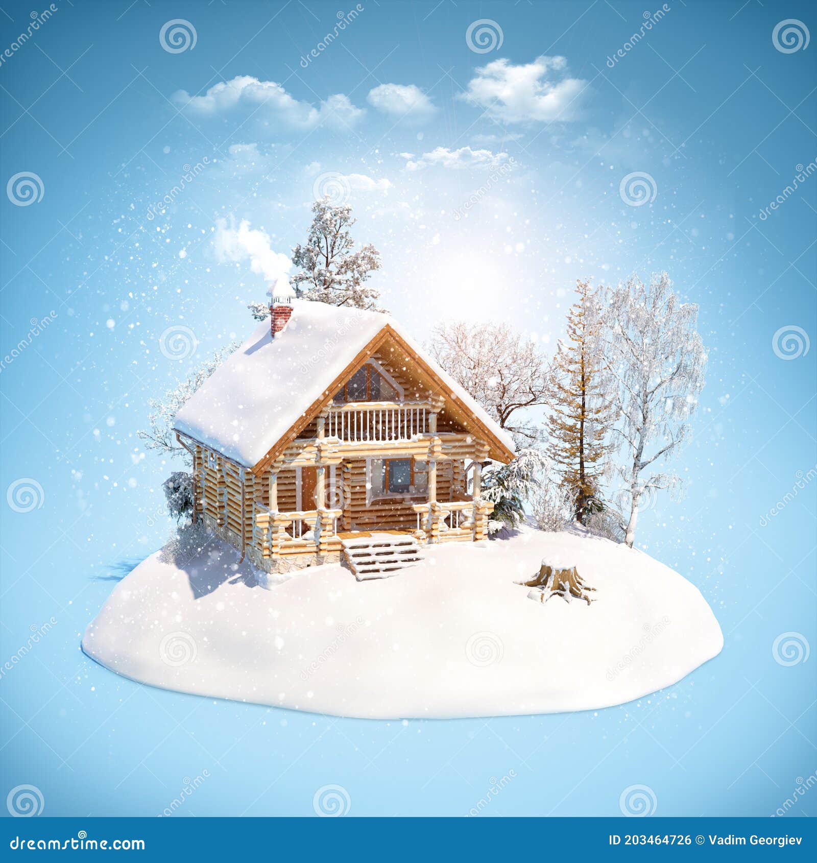 Log house on snowdrift stock photo. Image of exterior - 203464726