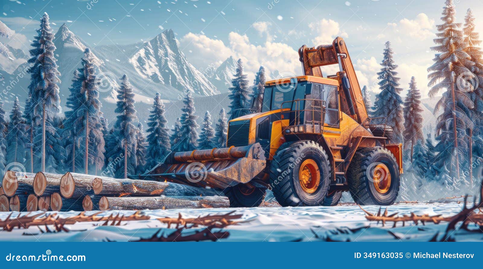 Log Loader on Loading Wood in Drawing Style Stock Image - Image of pile ...