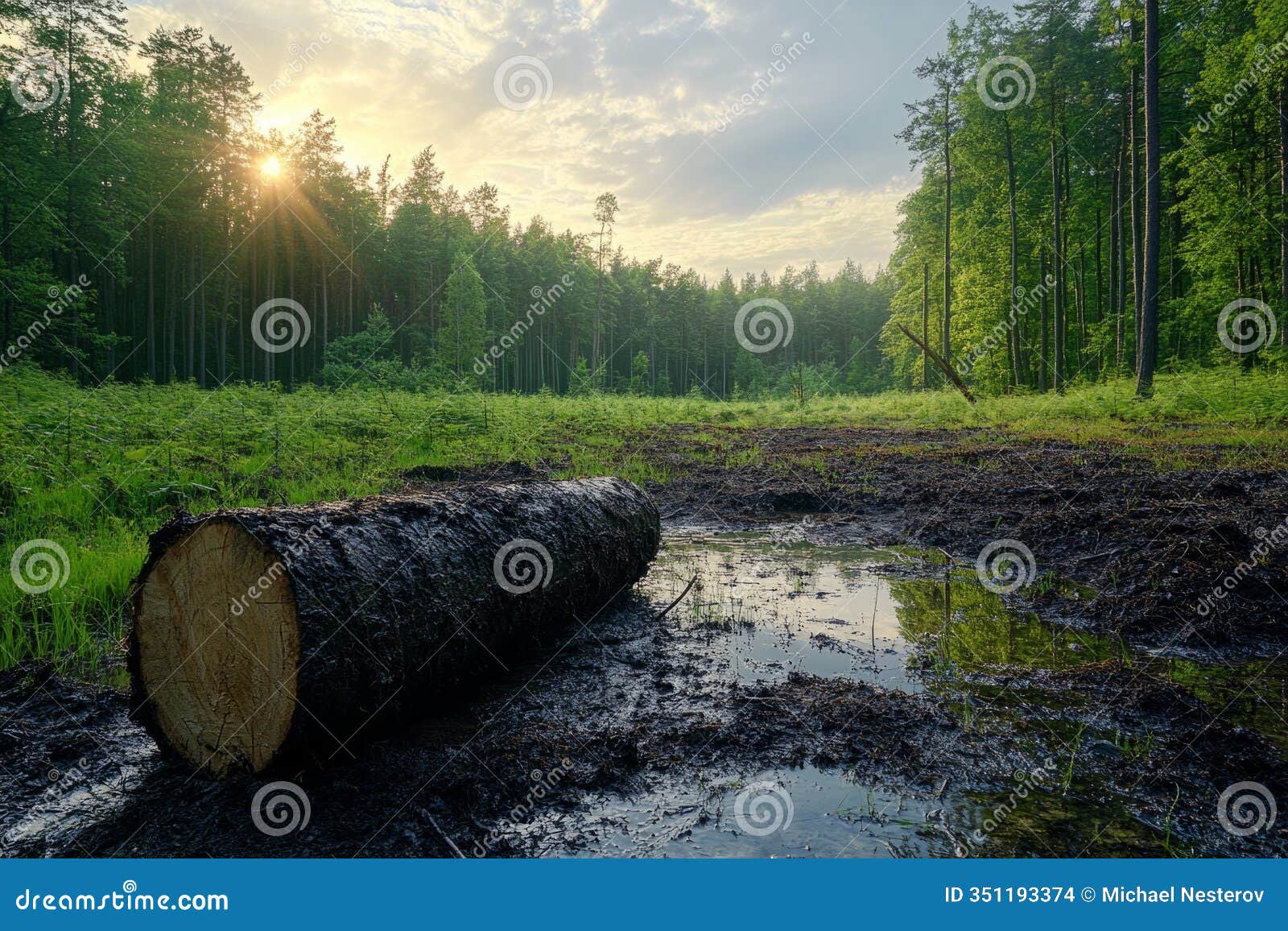 Log Lying in Mud with Forest and Sunset Creating Stunning Scenery Stock ...