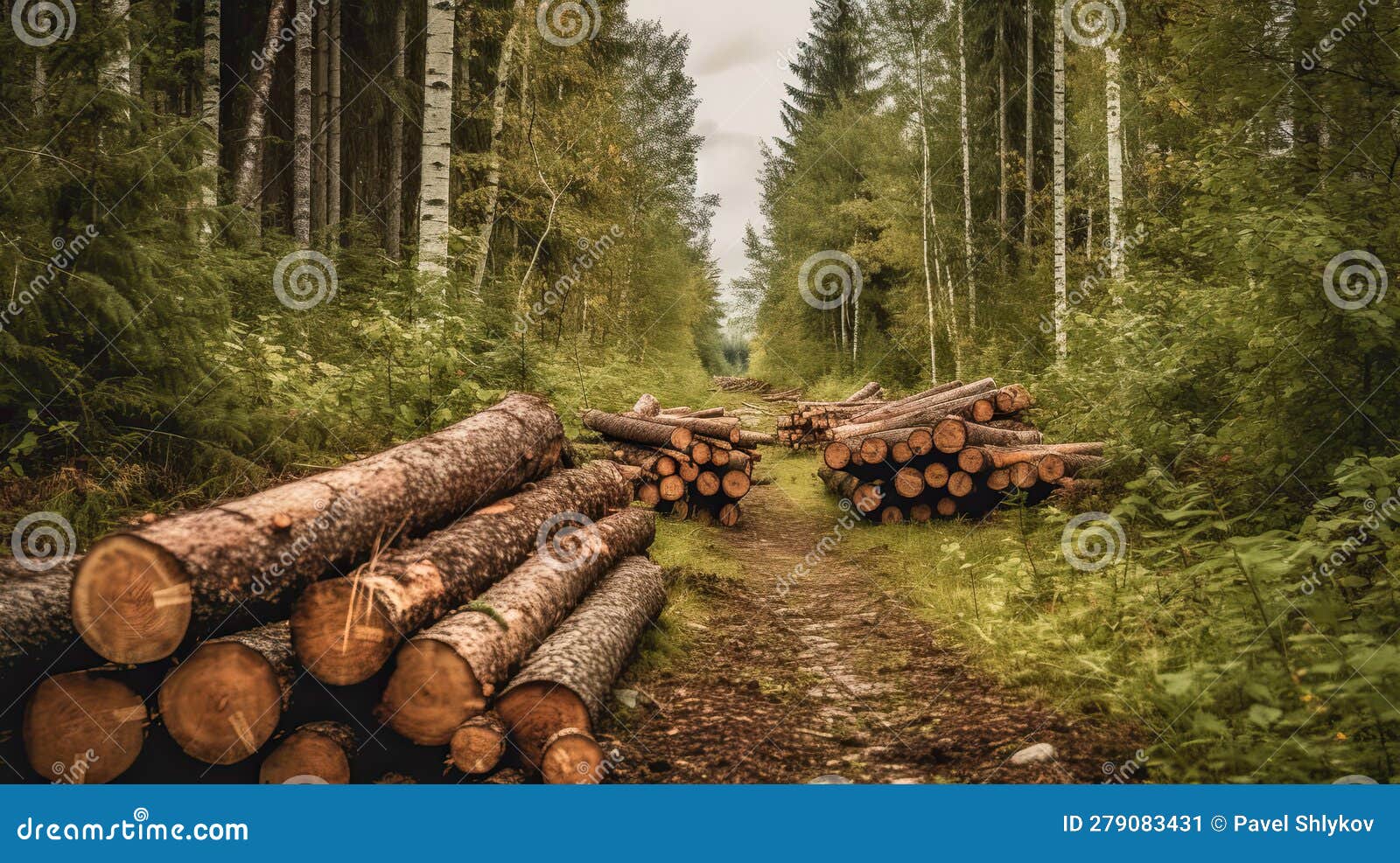 Log Stacks Along the Forest Road Stock Image - Image of brown, ecology ...