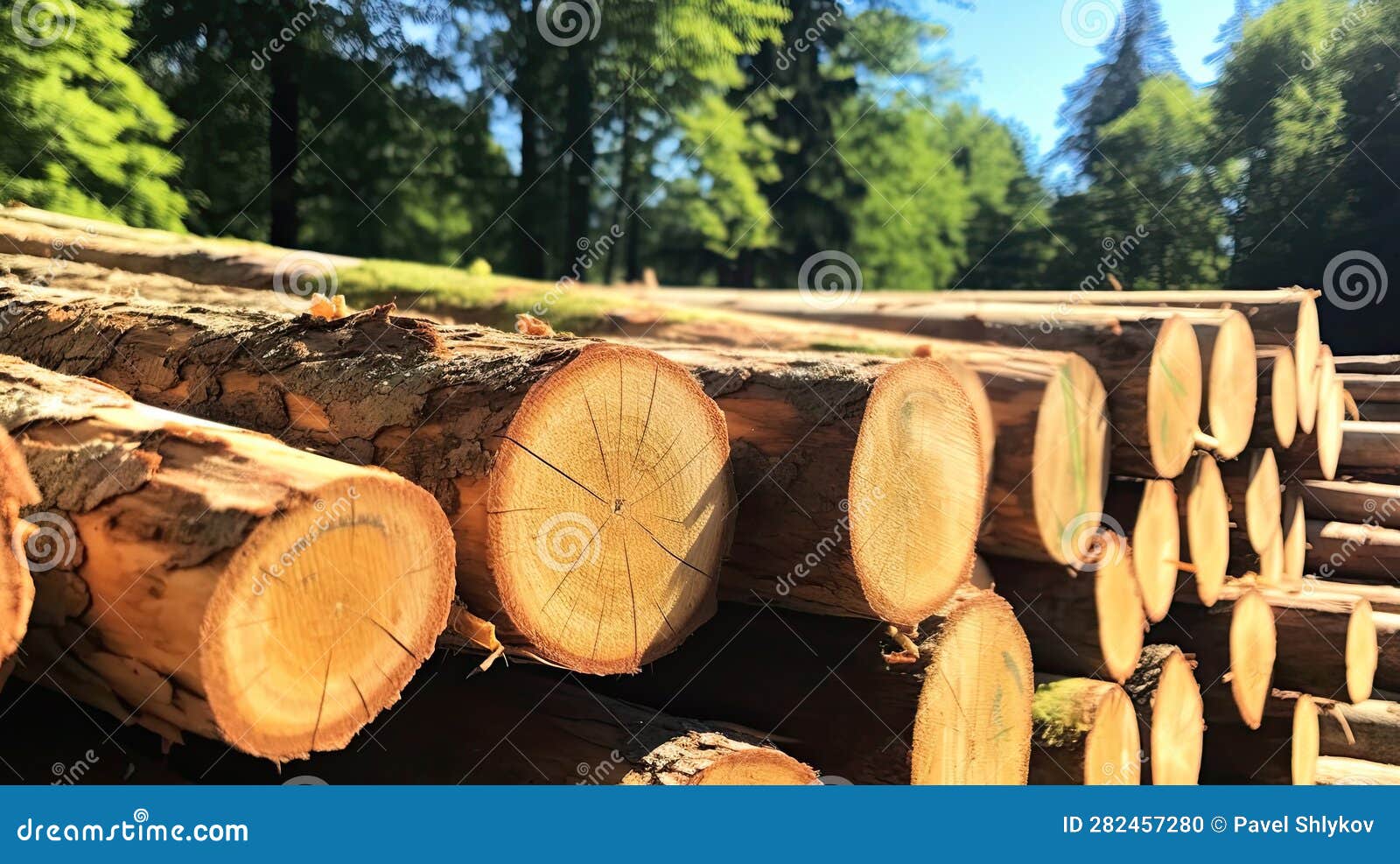 Log Stacks Along the Forest Road Stock Illustration - Illustration of ...