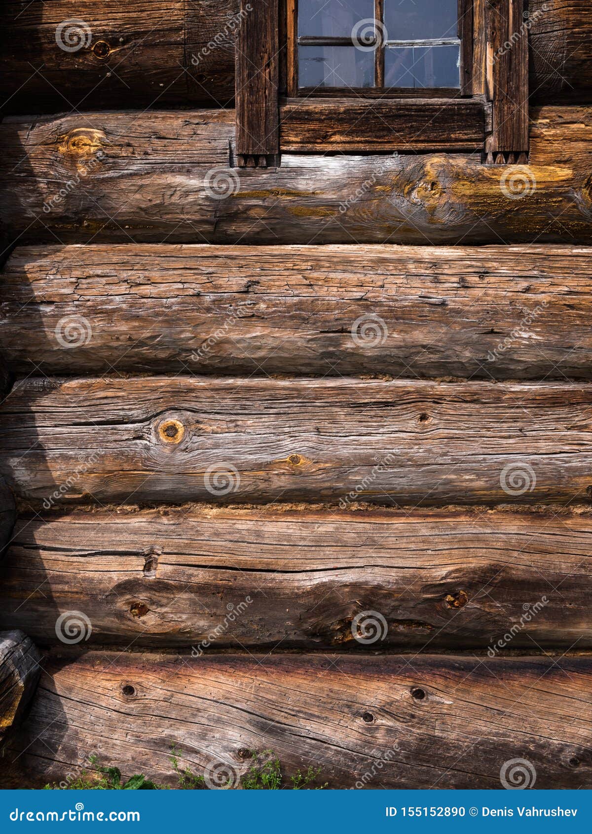 Log Wall of Rustic House with Window. Wooden Texture Stock Photo ...