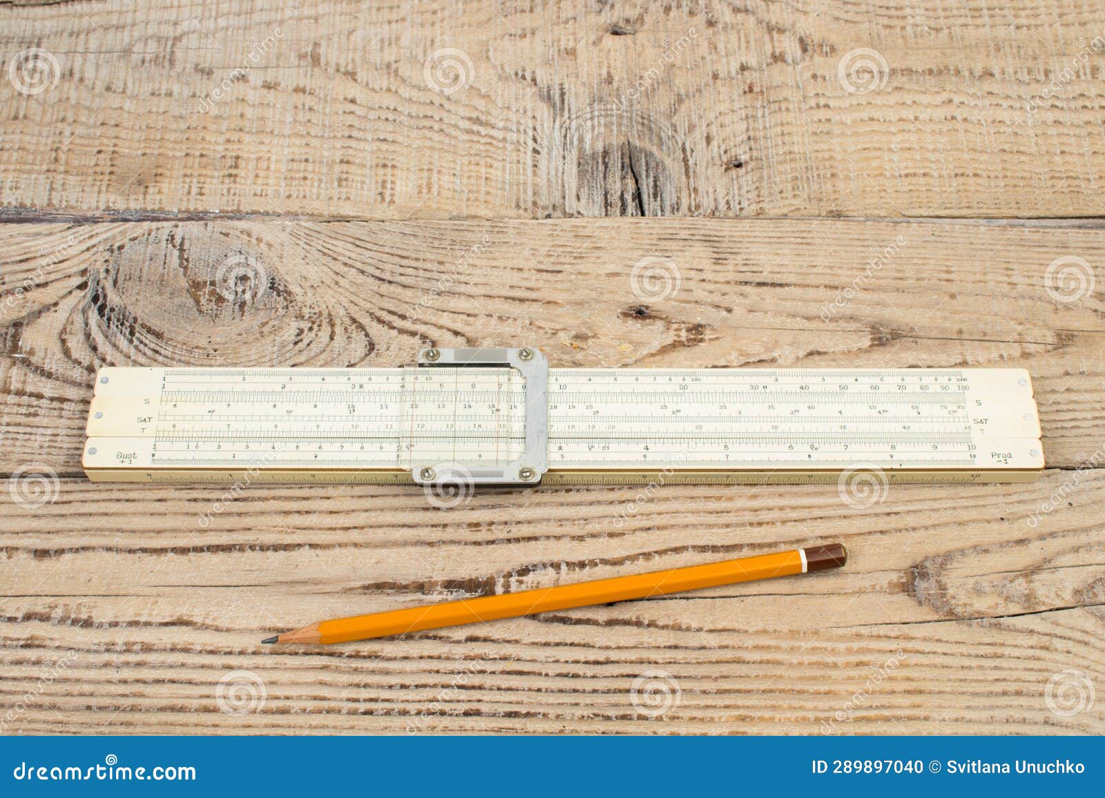 Logarithmic Ruler, Pencil on a Wooden Table. Stationery for Engineers ...