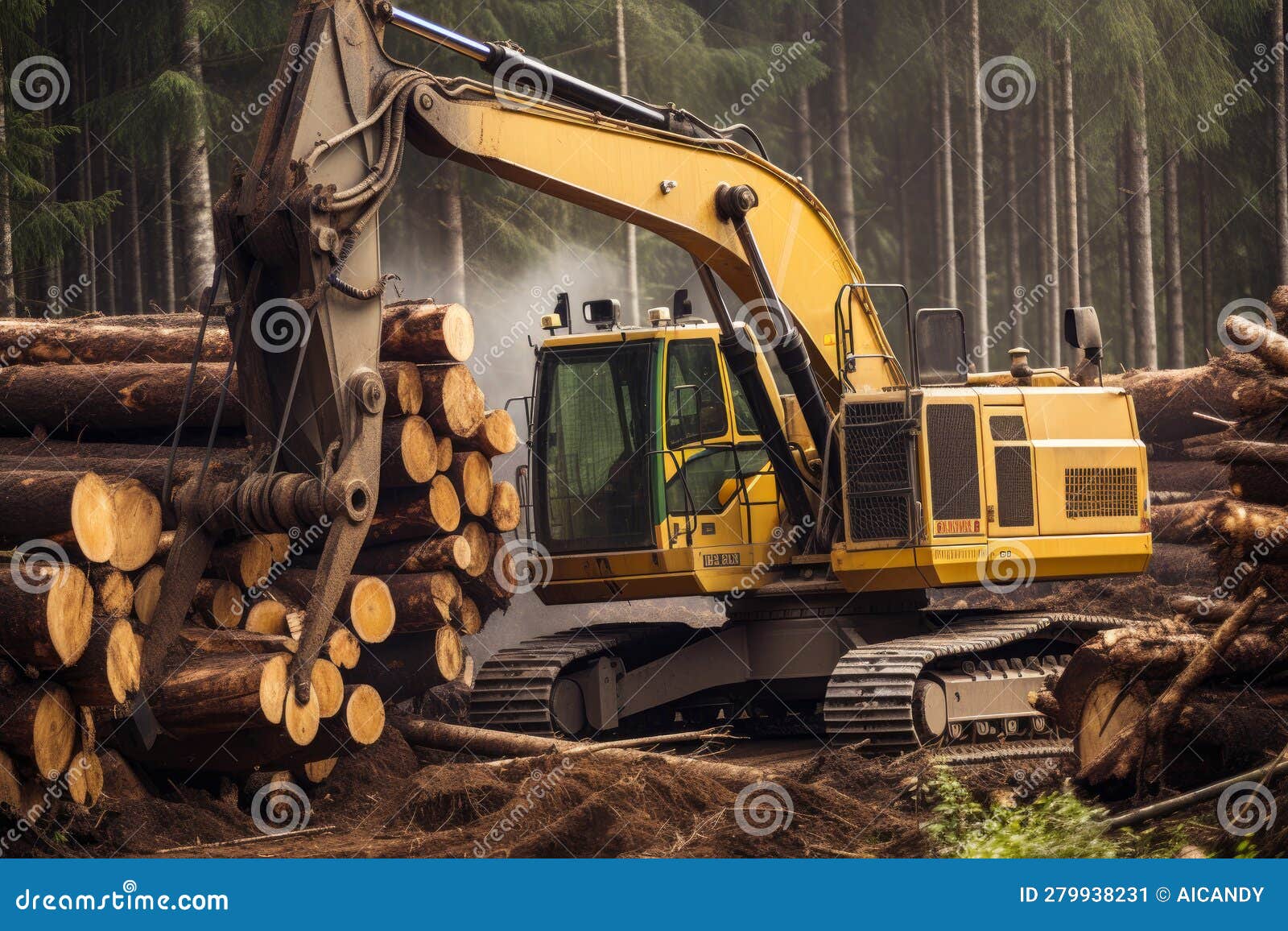 Logging Industry Scene with Heavy Machinery Cutting, Loading, and ...