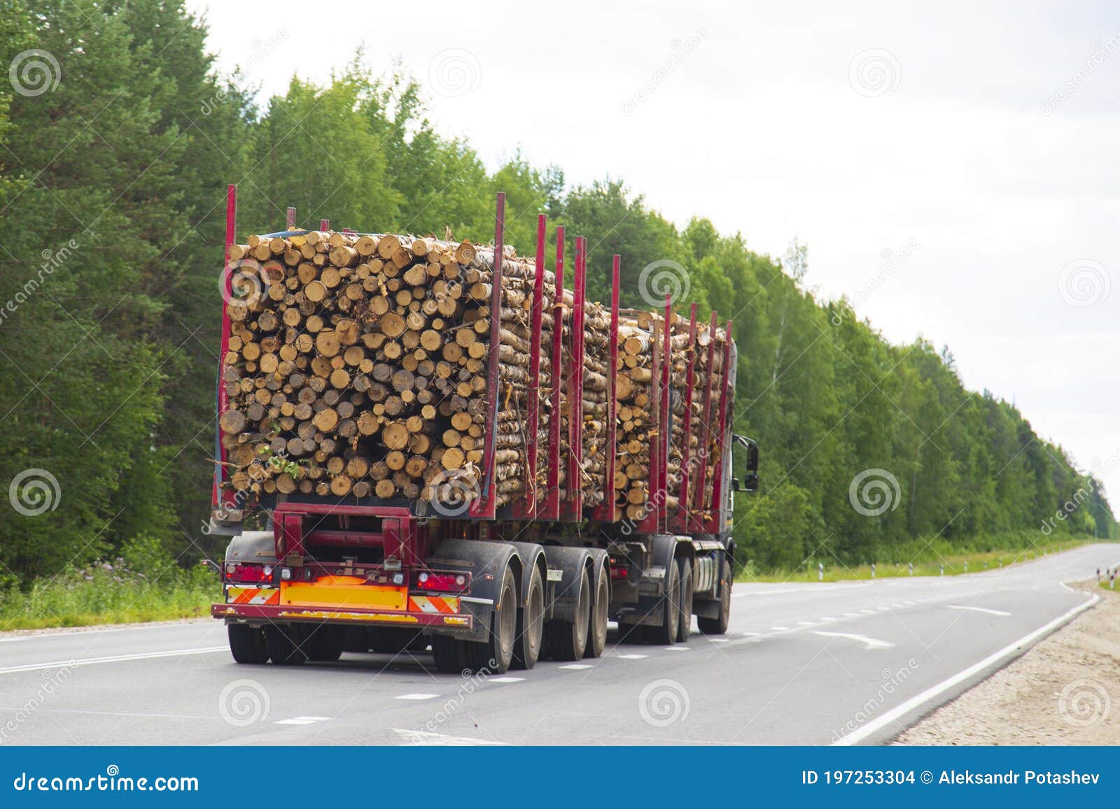 Logging Truck Carries Logs on the Road in the Summer Stock Photo ...