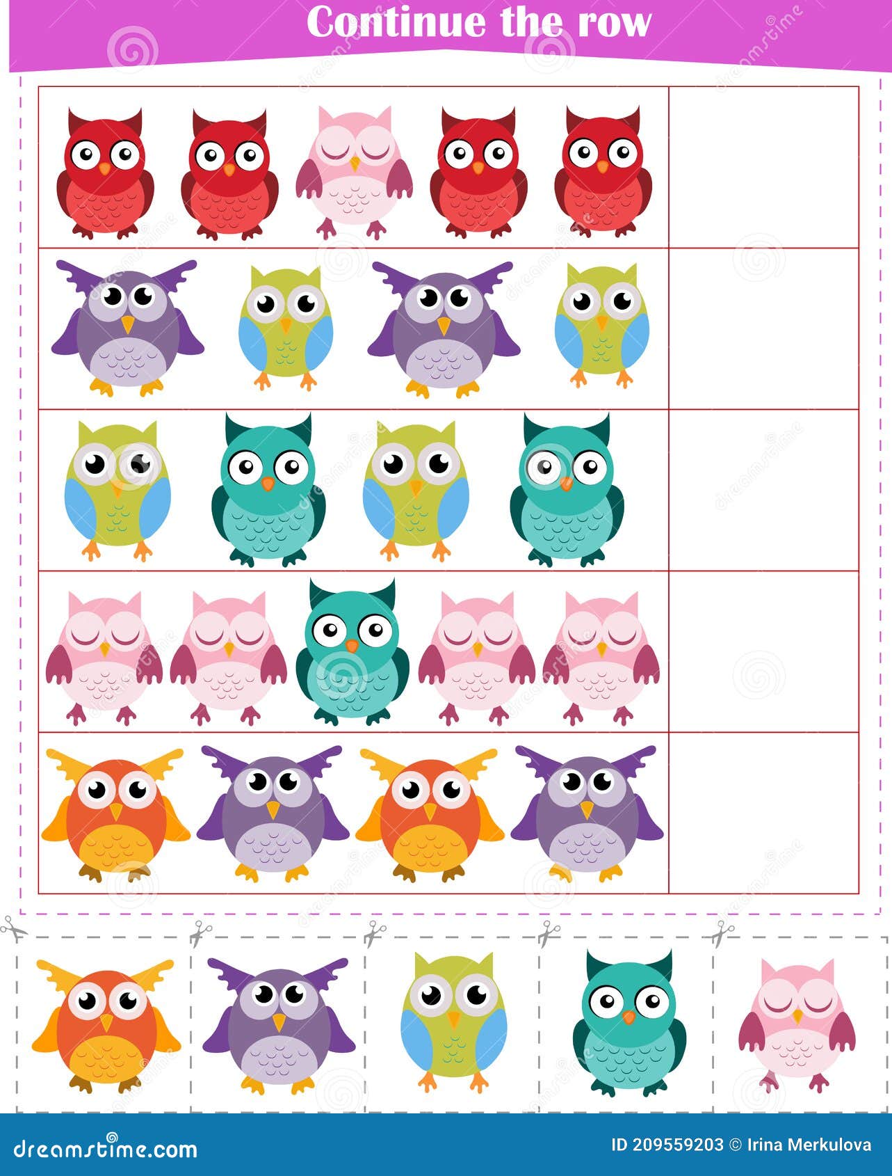 Logic Game for Children. Continue a Row of Owls Worksheet Stock Vector ...
