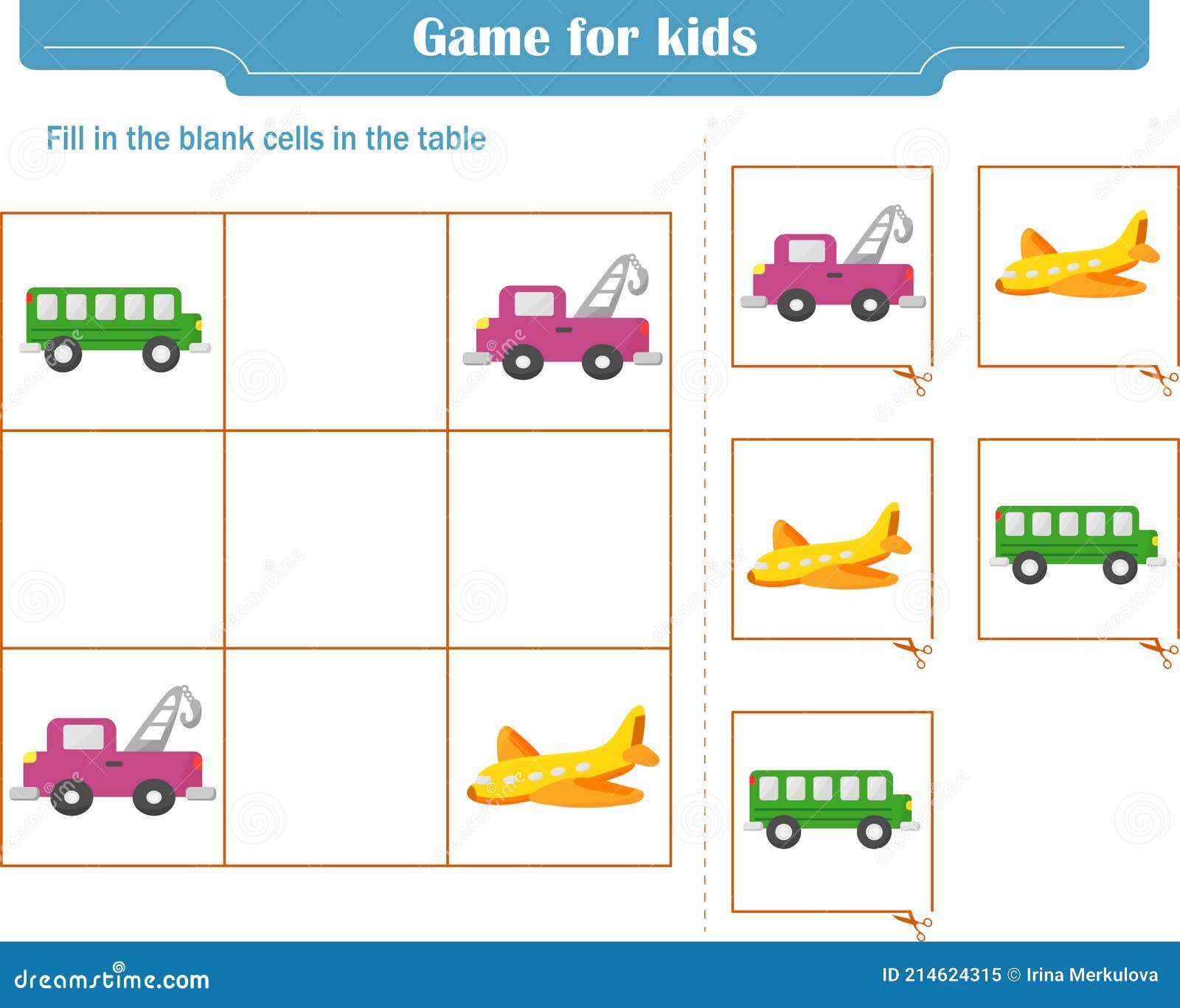 Logic Game for Children. Fill in the Blank Cells in the Table so that ...