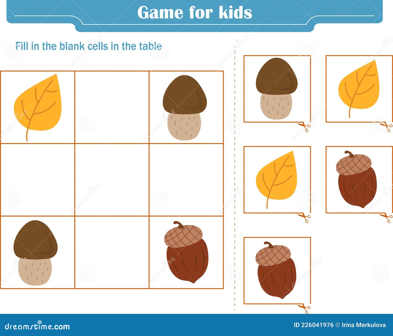 Logic Game for Children. Fill in the Blank Cells in the Table so that ...