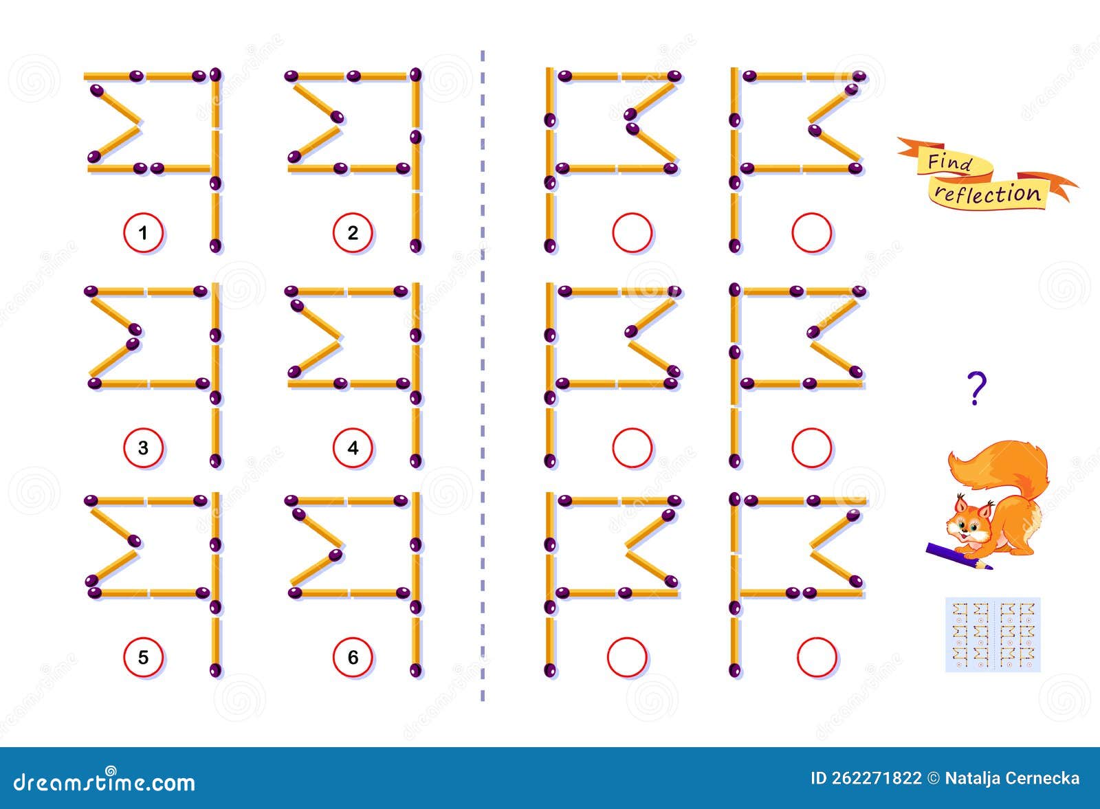 Logic Puzzle Game For Kids. Need To Find Correct Reflection For Each ...