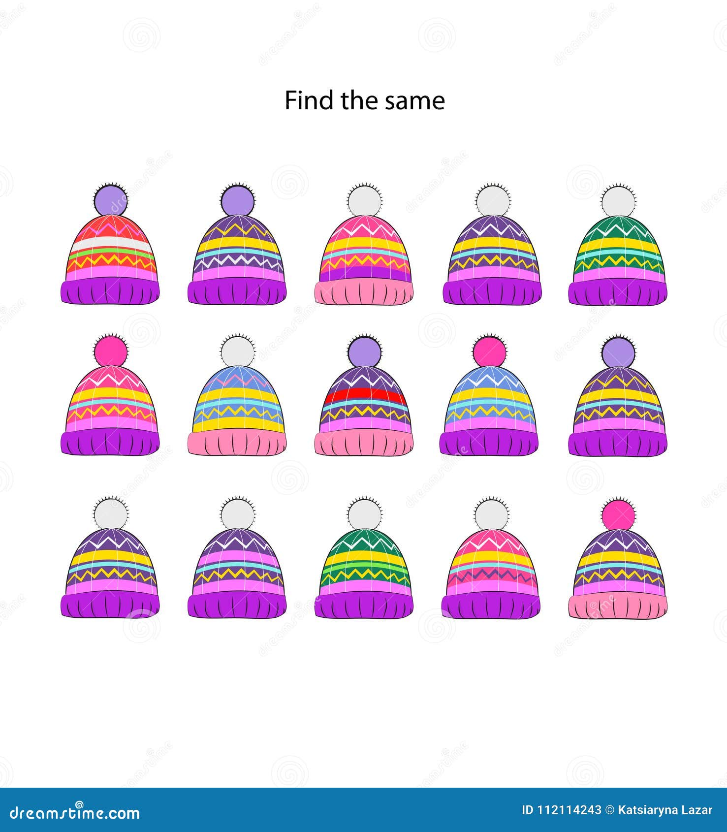 Logic Visual Puzzle For Kids Find The Same Hat Cartoon Vector ...