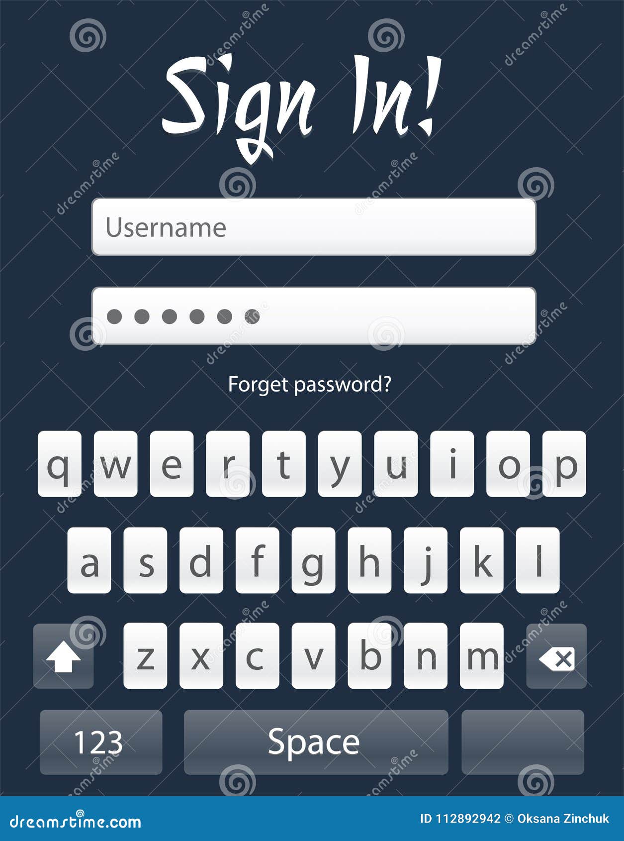 Login App UI Screen with Keyboard. Stock Vector - Illustration of phone ...