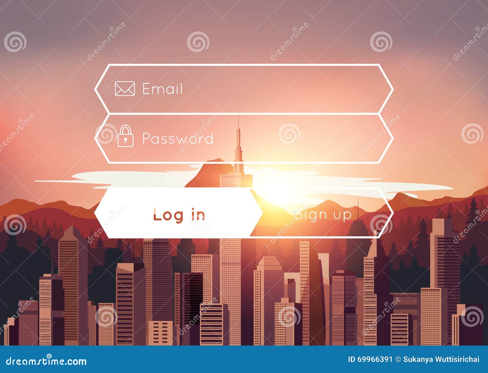 Login Box with City Sunset Background Stock Vector - Illustration of ...