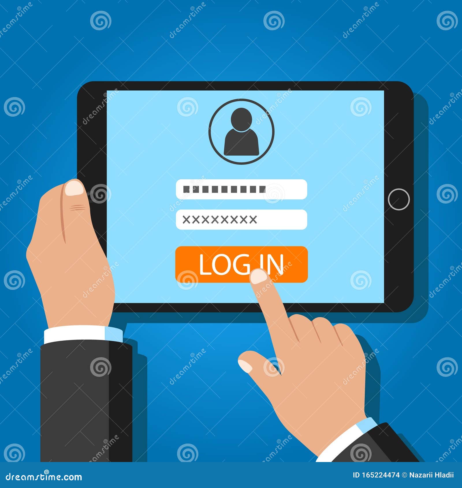 Login Concepts Man Holding Tablet PC. Vector. Stock Vector ...