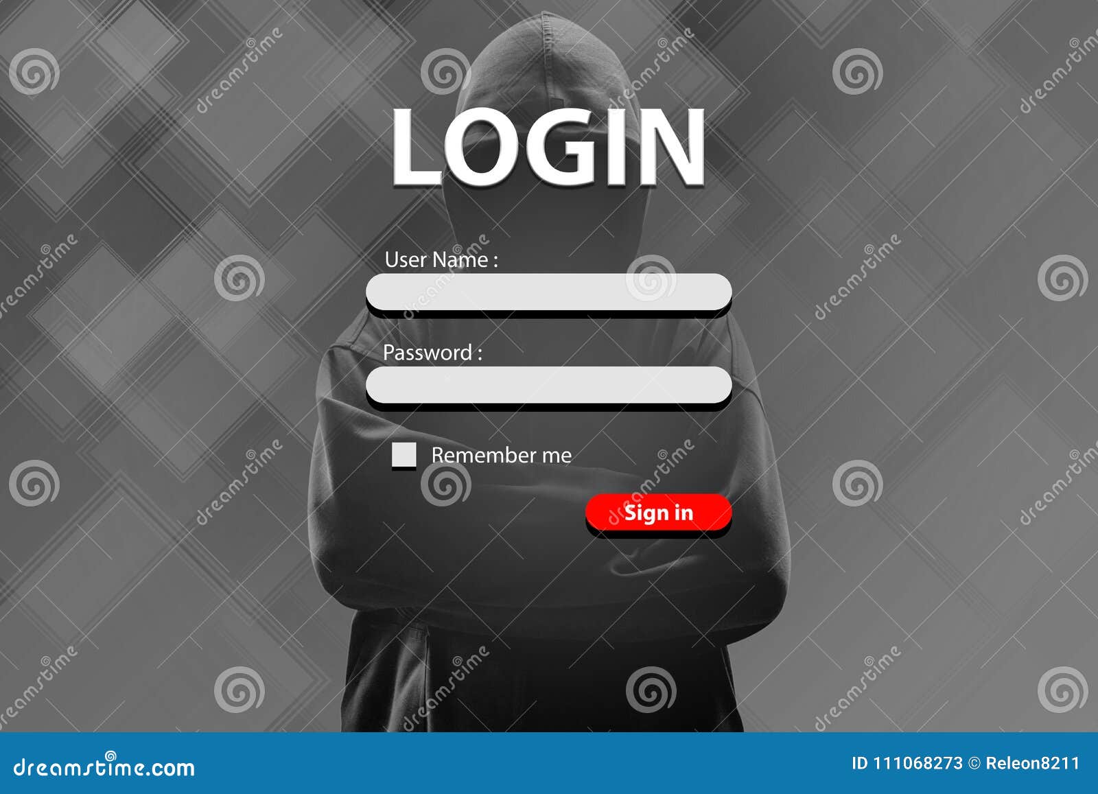 Login Form and Hacker with Lock on Dark Background. Stock Image - Image ...