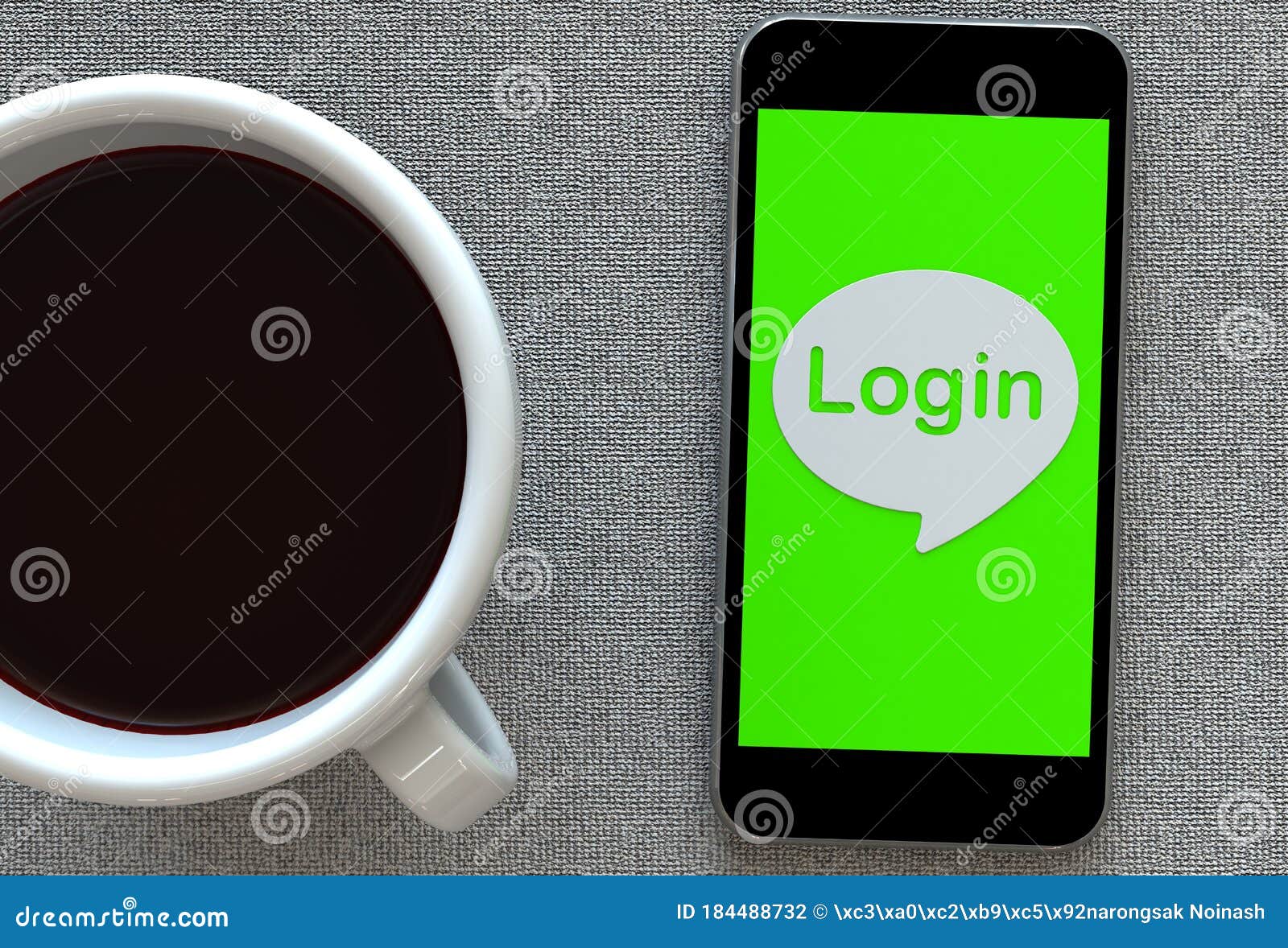 Login, Message on Speech Bubble with Smart Phone and and Coffee. Stock ...
