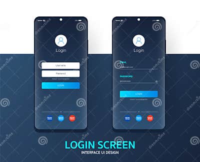 Login Screen Smartphone Interface Vector Template, Mobile App Page Dark ...