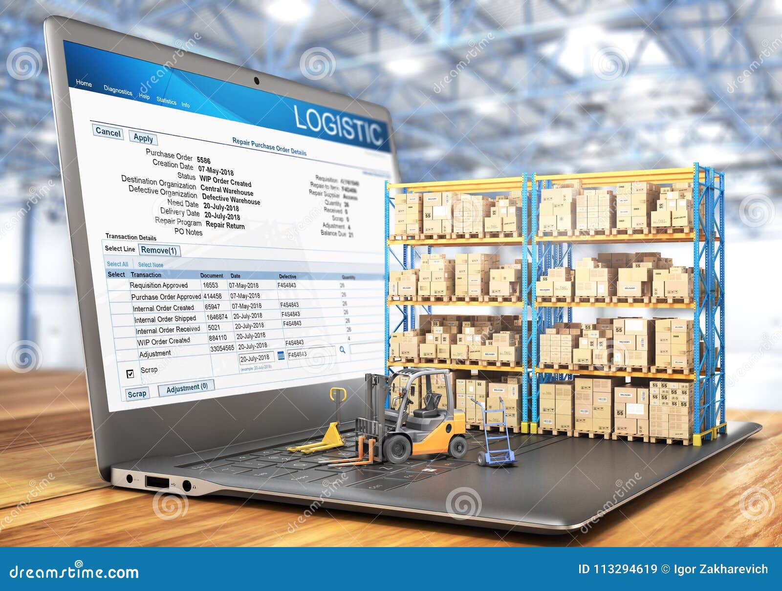 Logistic Concept. Forklift with Cardboard Boxes on a Notebook Keyboard ...