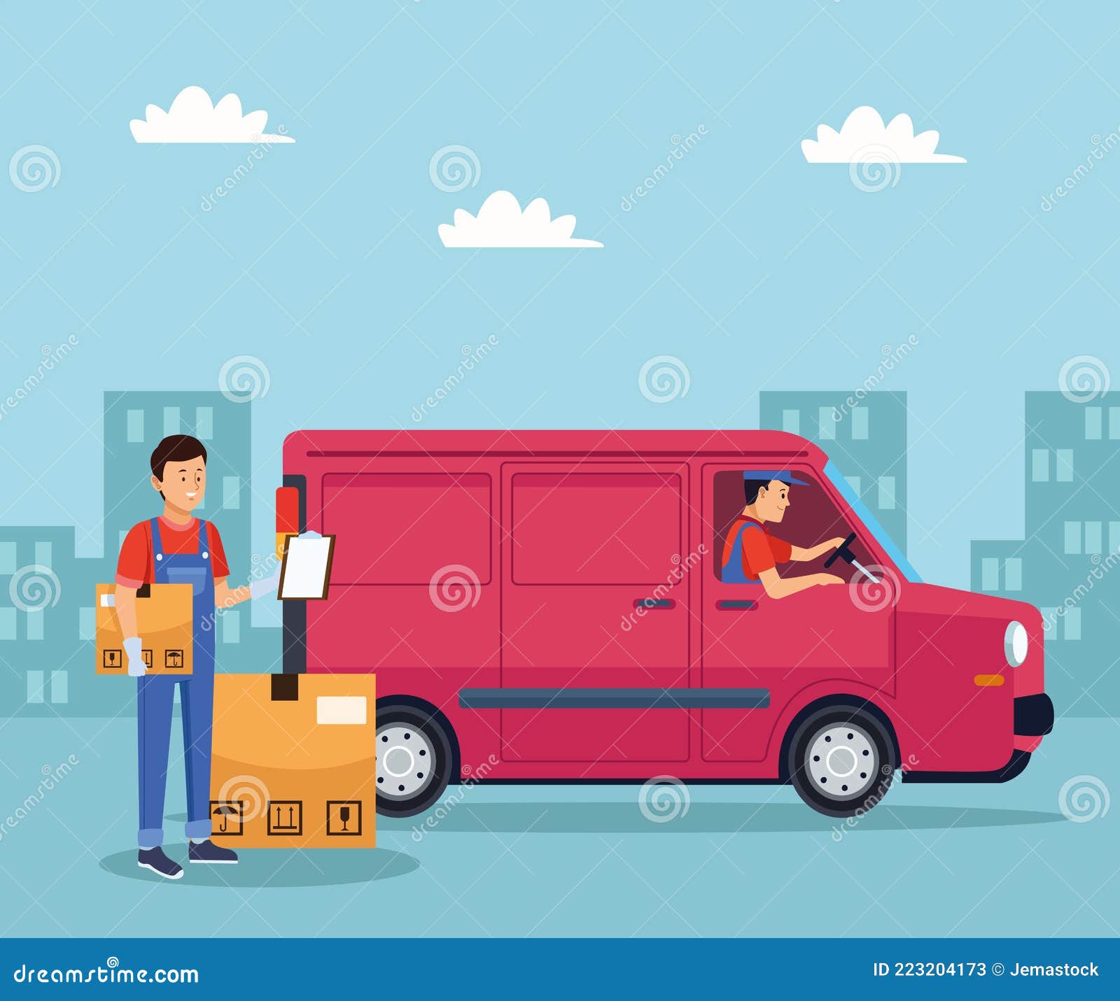 Logistic workers and van stock vector. Illustration of place - 223204173