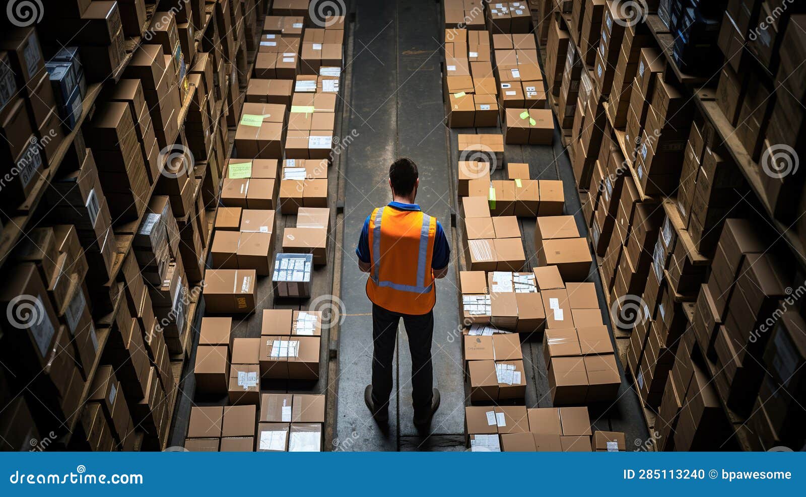 Logistics in Action: Worker Managing Boxes and Packages in Warehouse ...