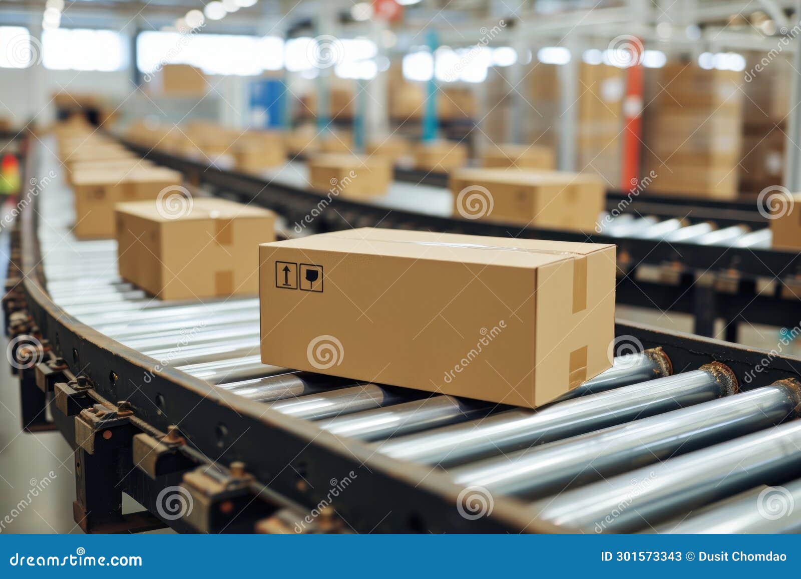 Logistics Boxes Moving On Conveyor Belt, Conveying Efficiency And ...