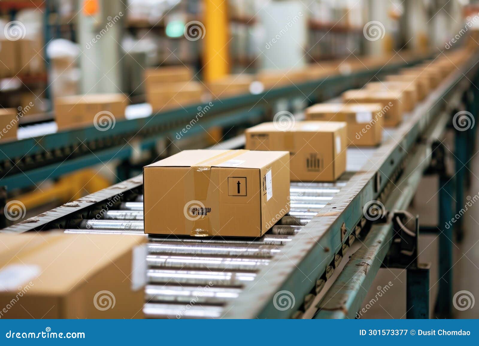 Logistics Boxes Moving On Conveyor Belt, Conveying Efficiency And ...