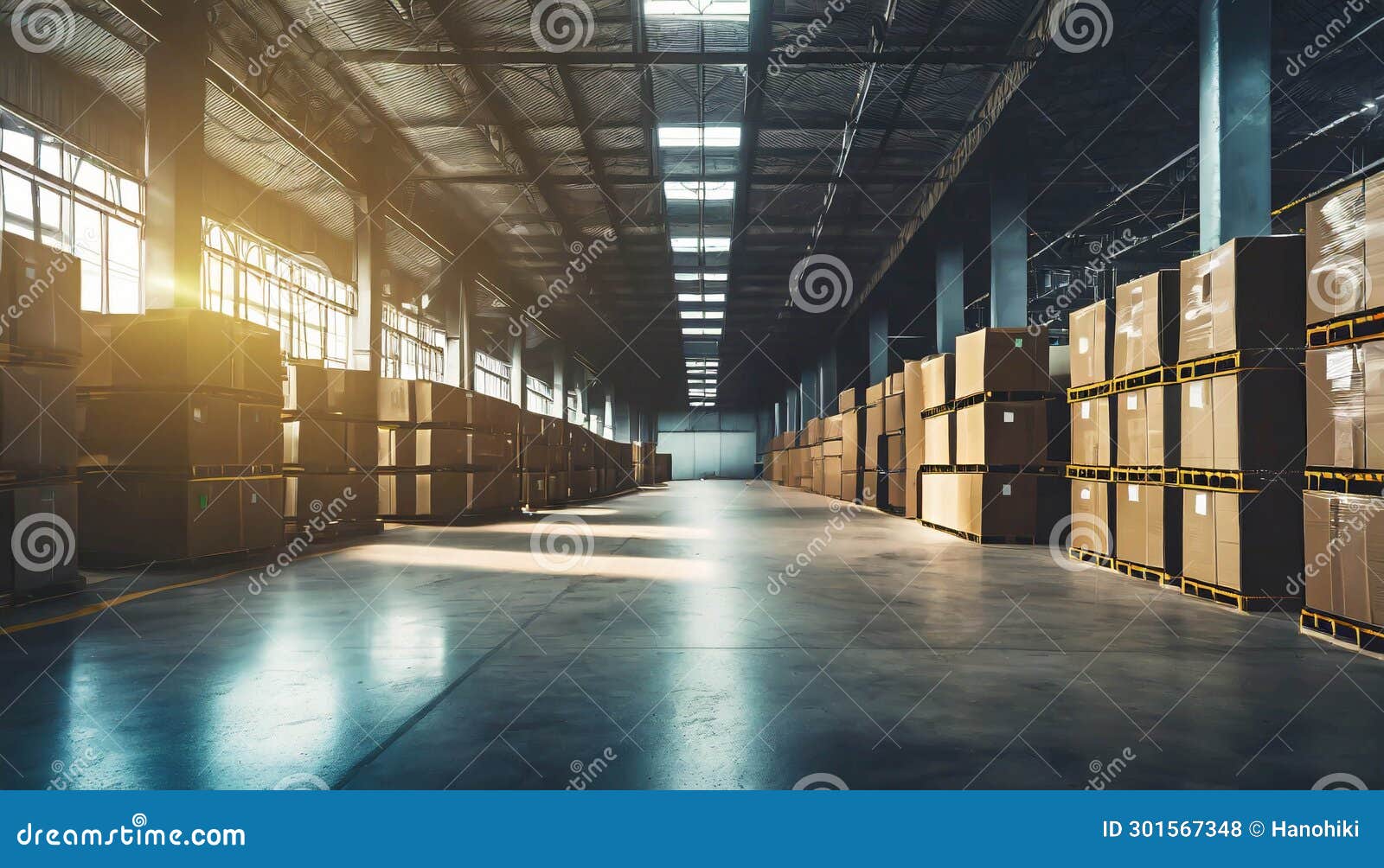 Logistics Center, Warehouse. Huge Storage Hall with Stacked Boxes . Ai ...