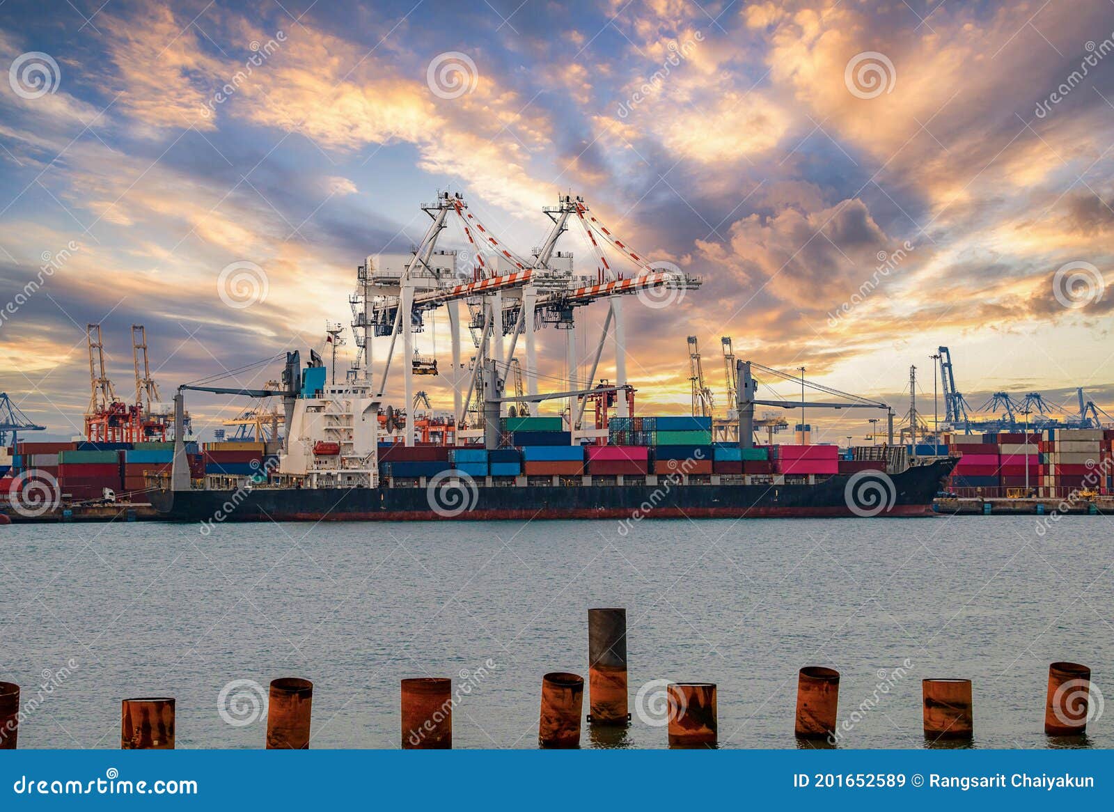 Logistics and Container Loading by Large Barges by Sea in a Harbor ...