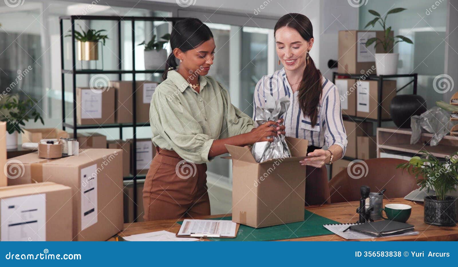 Logistics, Entrepreneur and People with Boxes, Packaging and Preparing for Order in Warehouse ...
