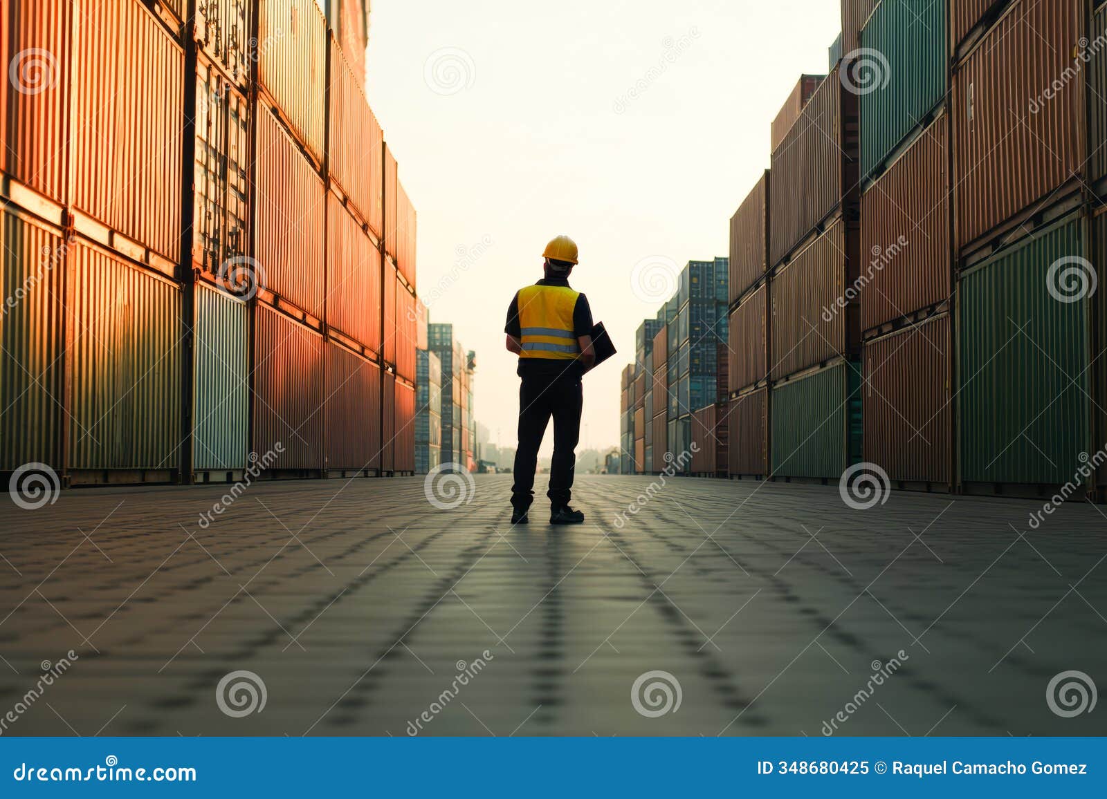 Logistics Foreman Controlling Large Containers Stacked in a Port. Back ...