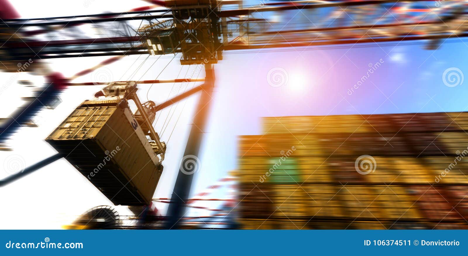 Container Cargo Freight Ship with Working Crane Bridge during Po Stock ...