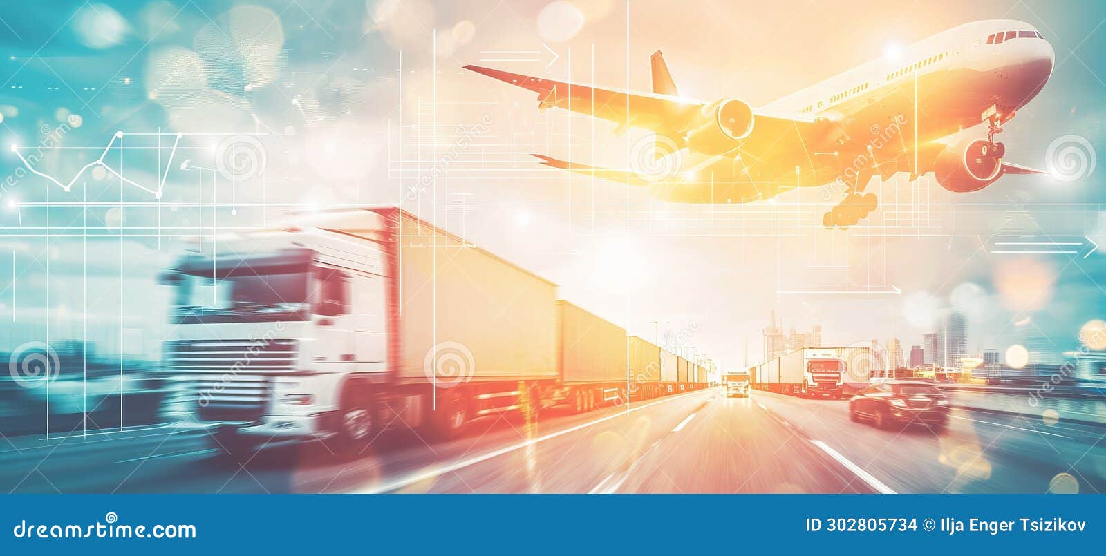 Logistics Industry Concept Collage with White Vertical Lines and Bright ...