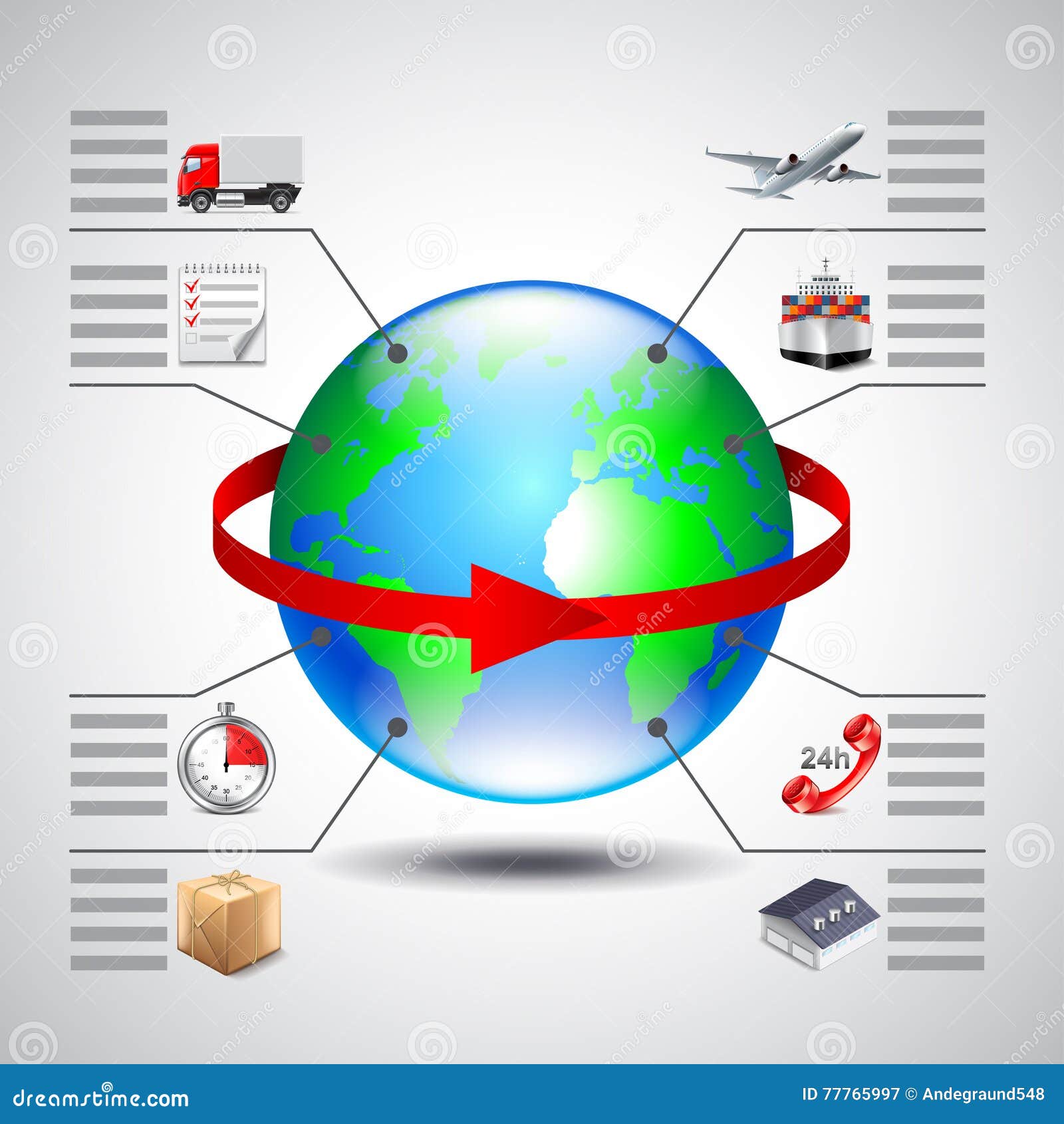 Logistics Infographics with Earth Globe, Red Arrow and Icons Stock ...