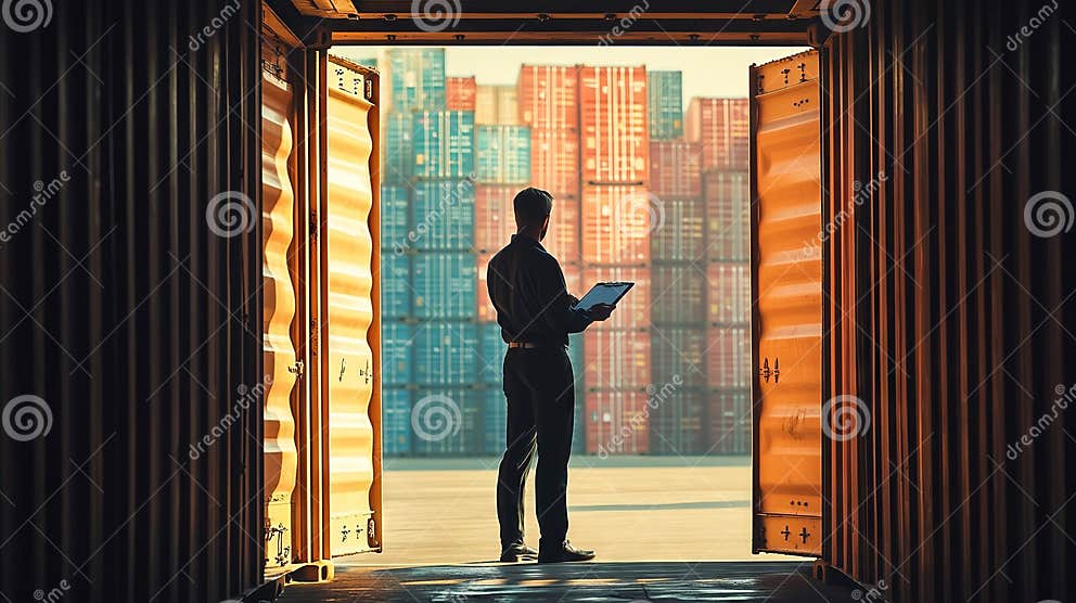 Logistics Manager Controlling Loading of Cargo Containers Inside a ...
