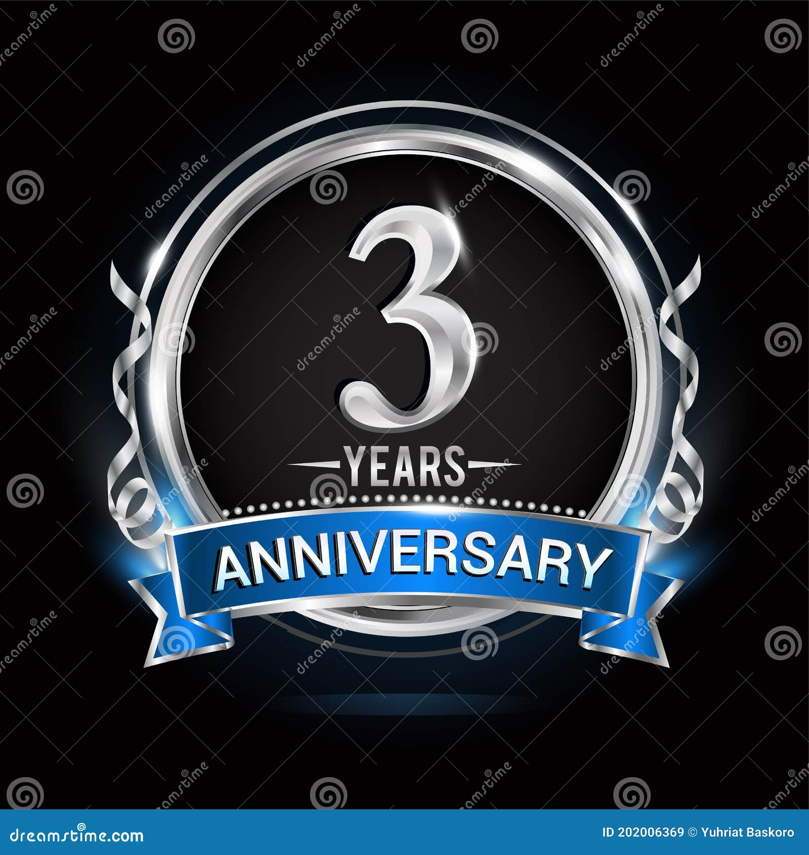 Logo Celebrating 3rd Years Anniversary with Silver Ring and Blue Ribbon ...