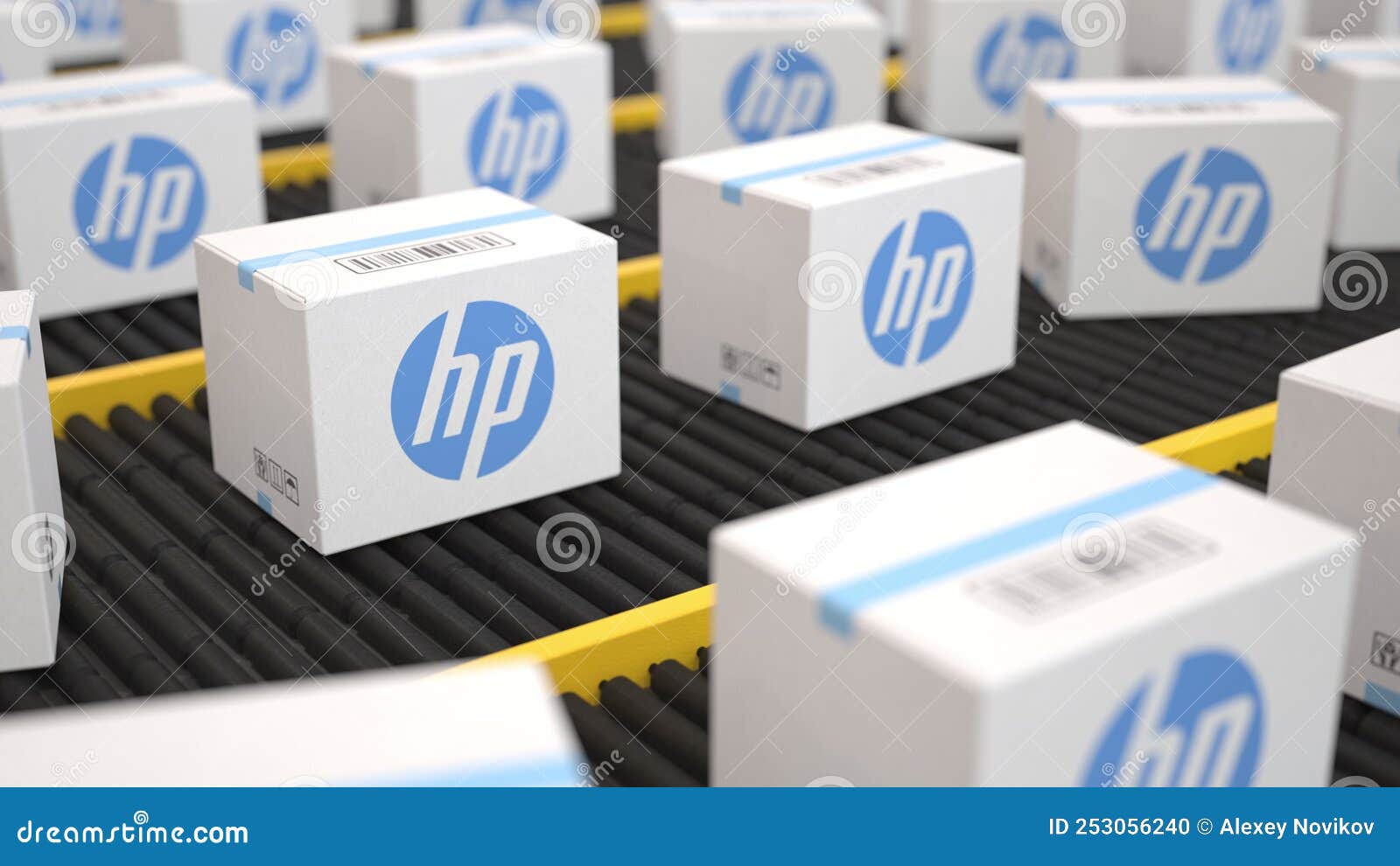 Logo of HP on the White Boxes on the Conveyor. Editorial 3D Rendering ...