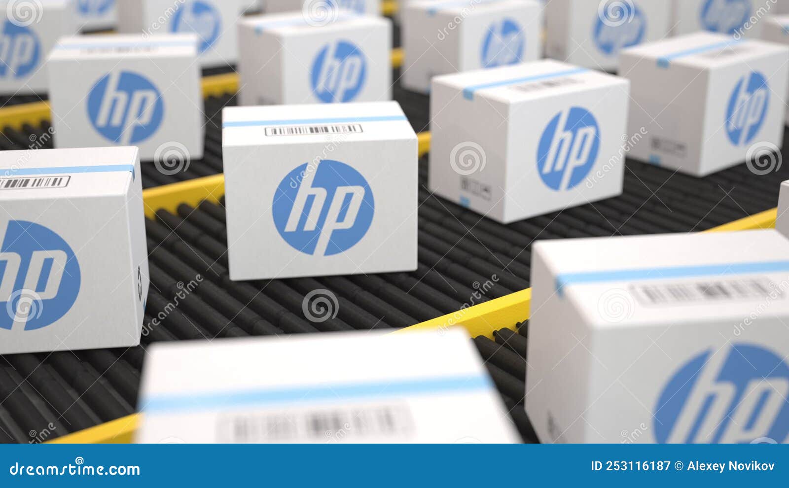 Logo of HP on the White Boxes on the Conveyor. Editorial Loopable 3D ...