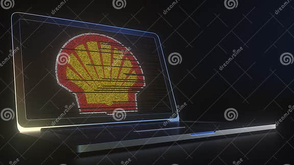 Portable Computer with the Logo of SHELL Made with Code Strings, Editorial Conceptual 3d ...