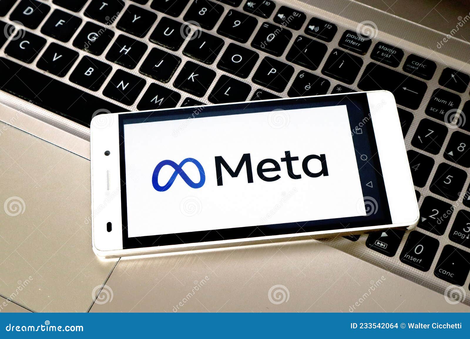 Logo of Meta on the Display. Meta is a Social Technologies Company`s ...