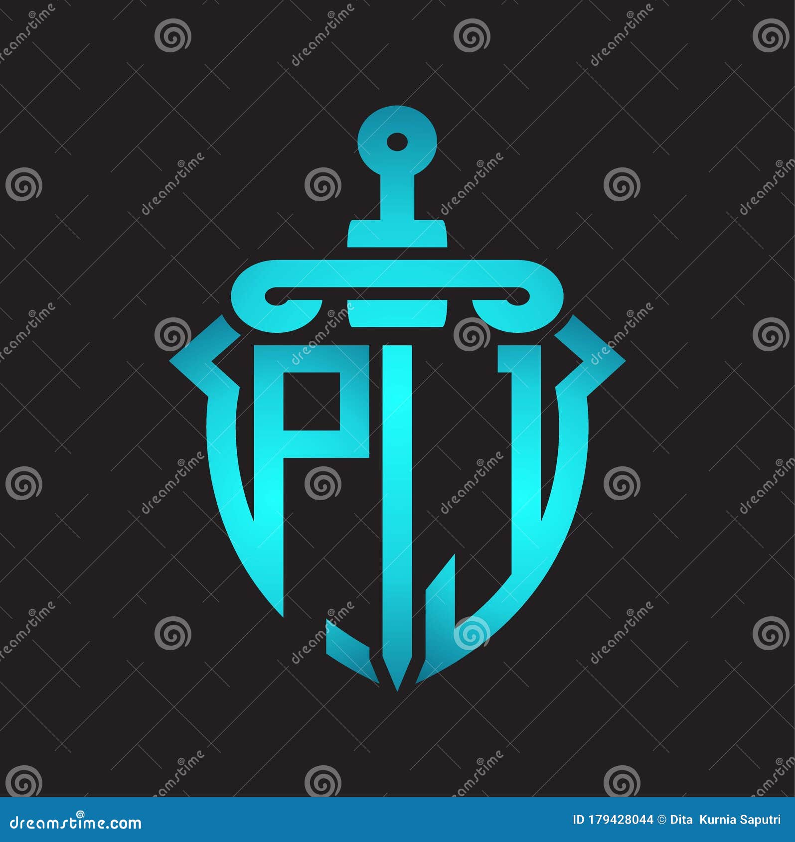 PJ Logo Monogram with Sword and Shield Combination Isolated Blue Colors ...