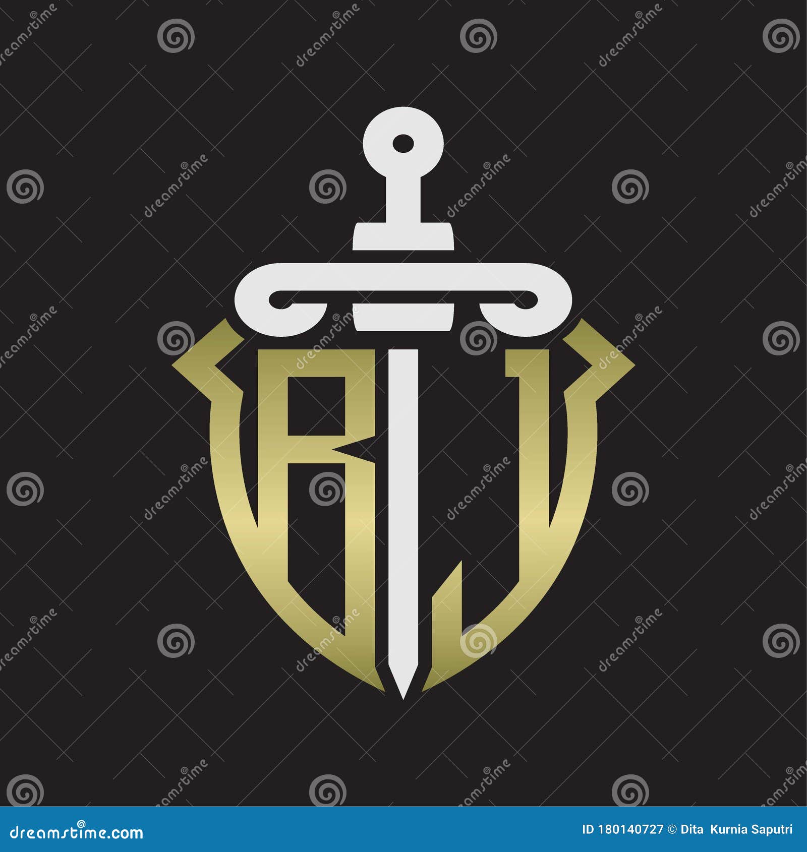 BJ Logo Monogram with Sword and Shield Combination Isolated with Gold ...
