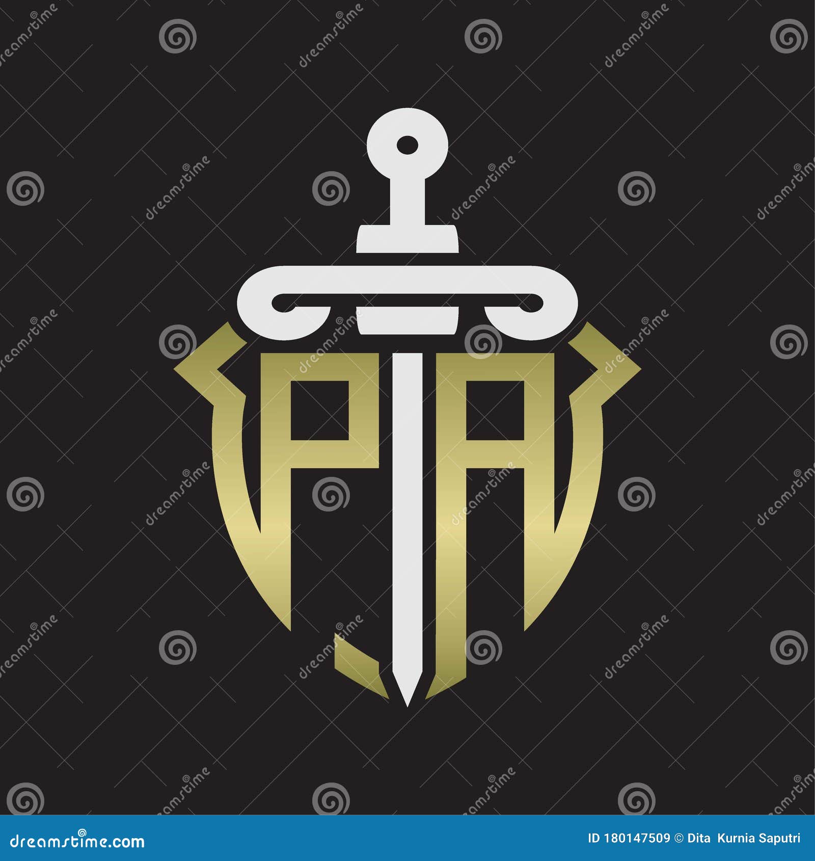PA Logo Monogram with Sword and Shield Combination Isolated with Gold ...