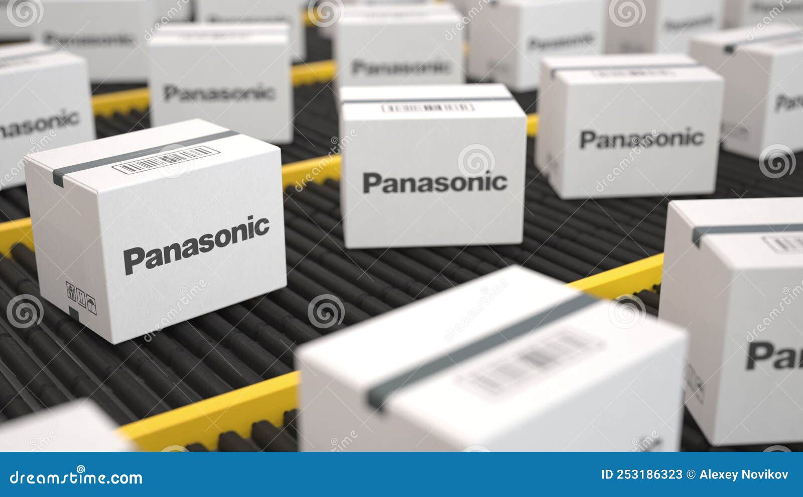Logo of Panasonic on the White Boxes on the Conveyor. Editorial 3D ...
