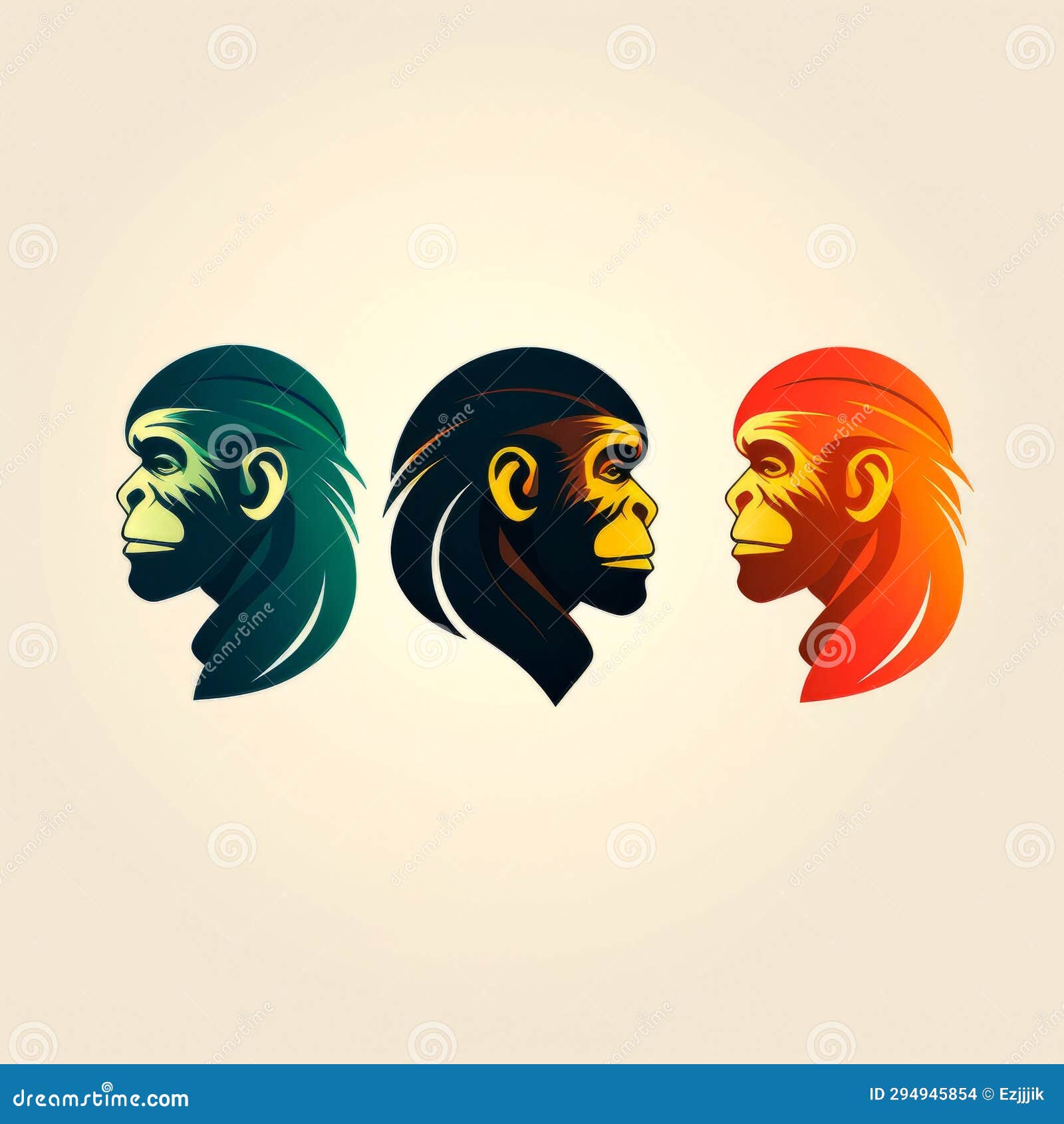 Logo, Template Three Monkey Heads in Profile Stock Photo - Image of ...