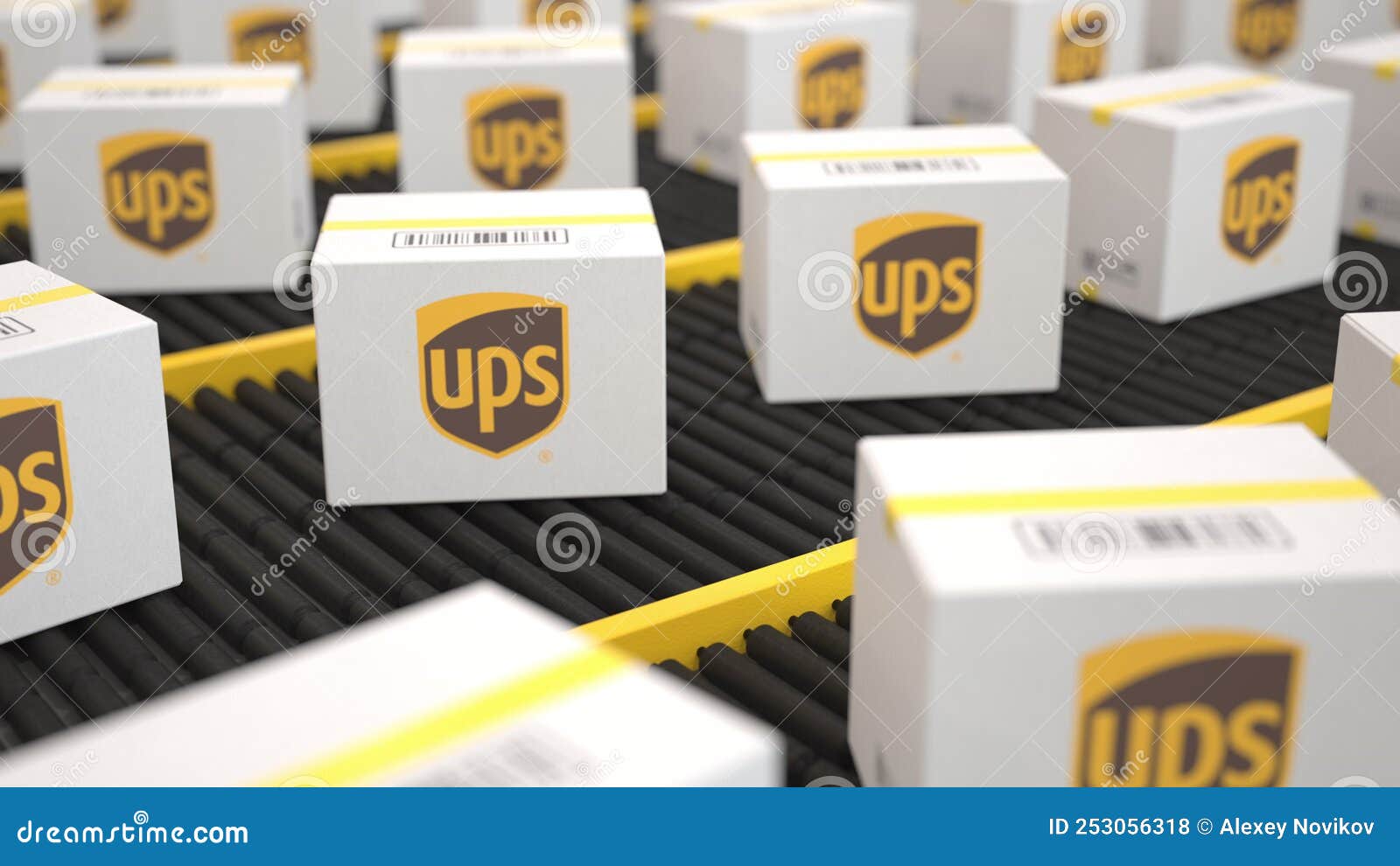 Logo of UPS on the White Boxes on the Conveyor. Editorial 3D Rendering ...